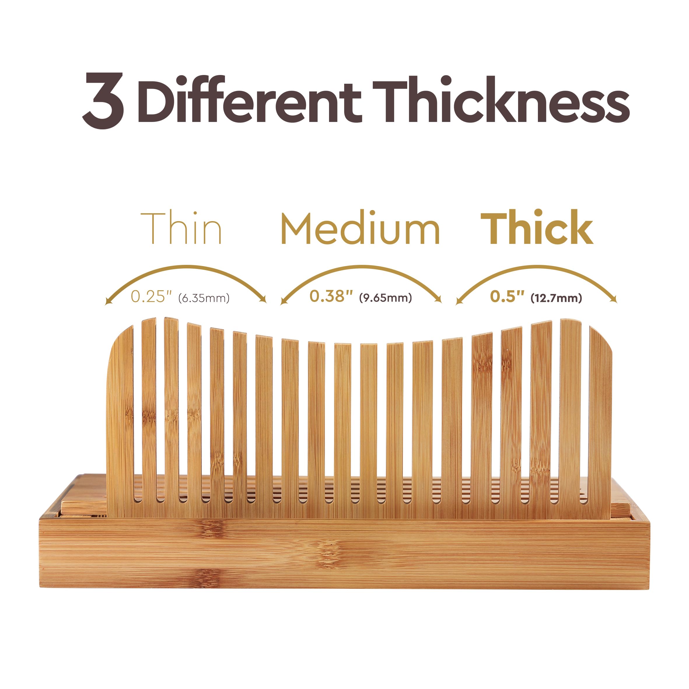 Luxury Bamboo Bread Slicer with Knife - 3 Slice Thickness, Foldable Compact Cutting Guide with Crumb Tray, Stainless Steel Bread Knife for Homemade Bread, Cake, Bagels 5.5” Wide x 5” Tall