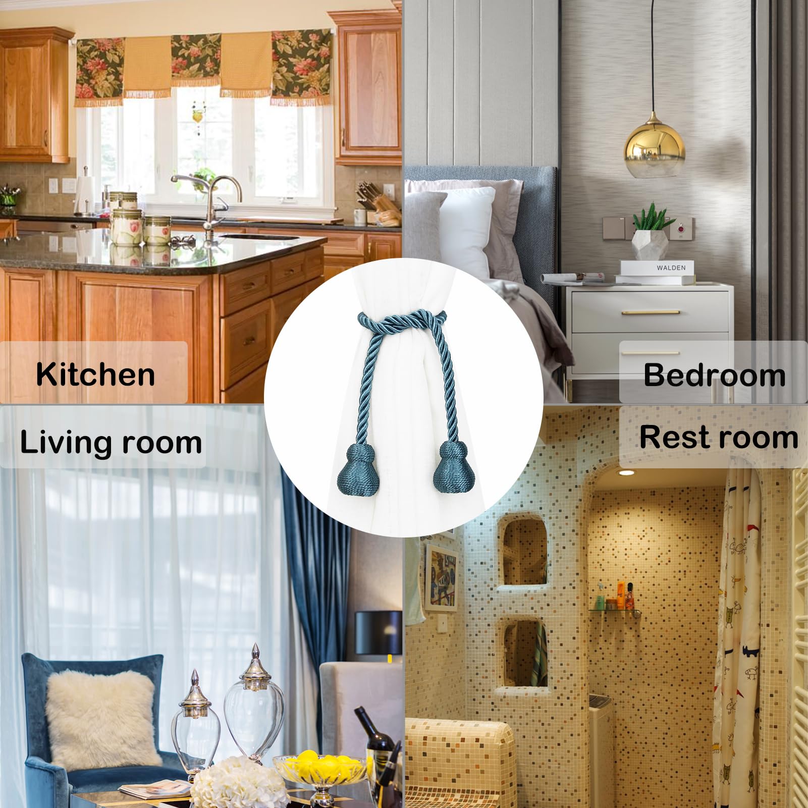 Nieffeiy Magnetic Curtain Tiebacks 2Pack Outdoor Curtain Tie Backs Rope Decorative Magnetic Curtain Holders for Drapes Window Treatment Holdbacks, Blue
