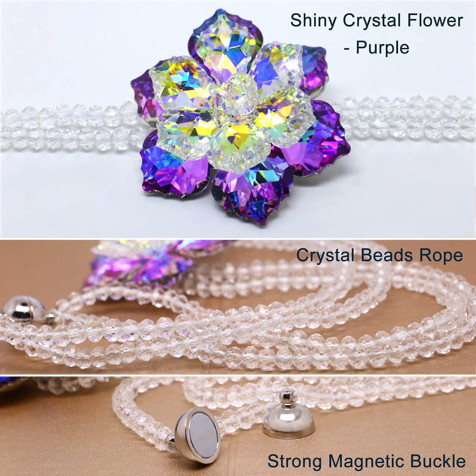 Magnetic Curtain Tiebacks, Crystal Flower Curtain Drapery Holdbacks with Crystal Beads Rope Window Curtain Decorative for Home Office Decor (Purple)