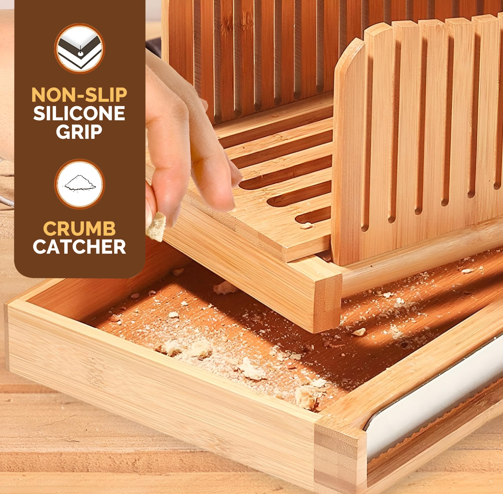 Luxury Bamboo Bread Slicer with Knife - 3 Slice Thickness, Foldable Compact Cutting Guide with Crumb Tray, Stainless Steel Bread Knife for Homemade Bread, Cake, Bagels 5.5” Wide x 5” Tall