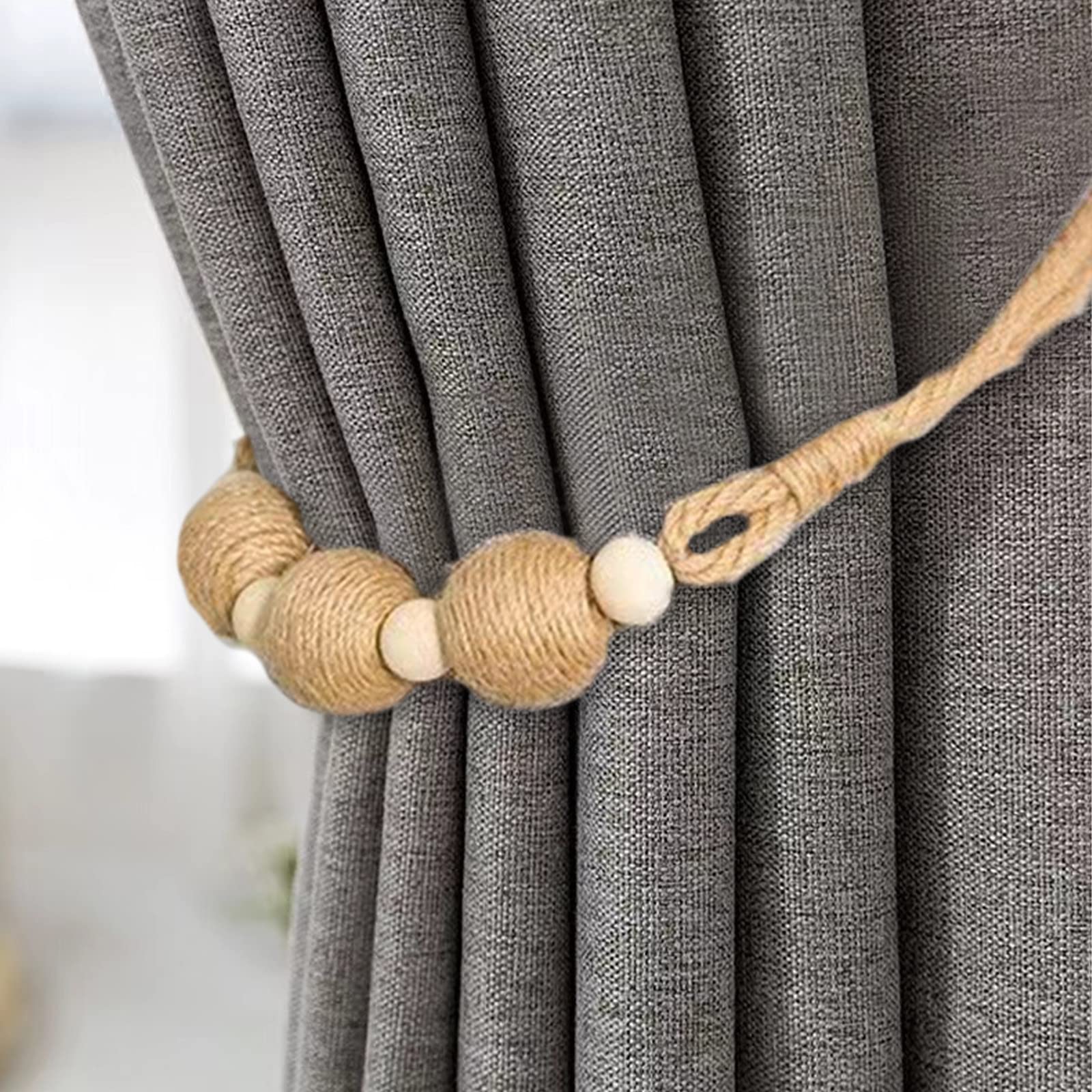 Boho Curtain Tiebacks Ropes, Magnetic Drapery Buckles for Decoration, Boho Curtain Tiebacks Curtain Holdbacks for Wall Curtain Tiebacks Window Drape Tie Back with Hooks for Bedroom Wall (Beige)