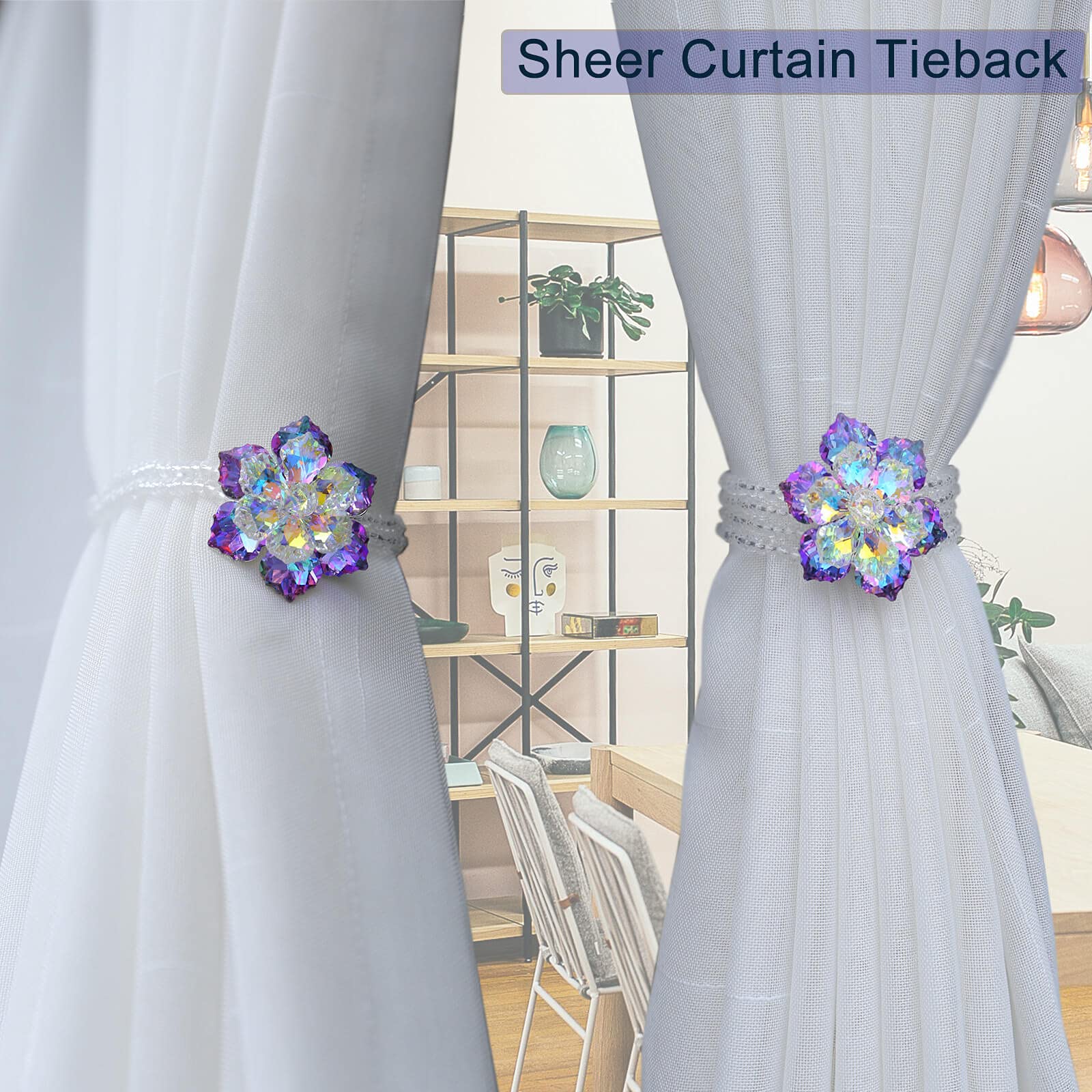 Magnetic Curtain Tiebacks, Crystal Flower Curtain Drapery Holdbacks with Crystal Beads Rope Window Curtain Decorative for Home Office Decor (Purple)