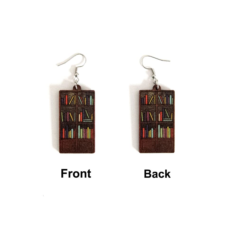 twinkle eye Double Sided Bookcase Wooden Earrings, Bookcase Dangle Earrings With Book Shelves Patterned Pendant Earrings, Gifts For The Beginning Of School Season