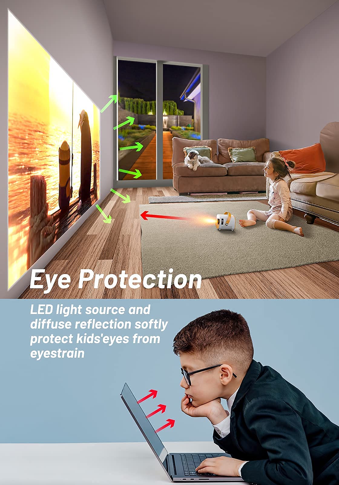Mini Projector,GooDee Portable Projector for iPhone, 1080p Supported Movie Projector, 2500lux Small Home Video LED Pico Pocket Phone Projector for Bedroom Laptop HD USB AV Interfaces