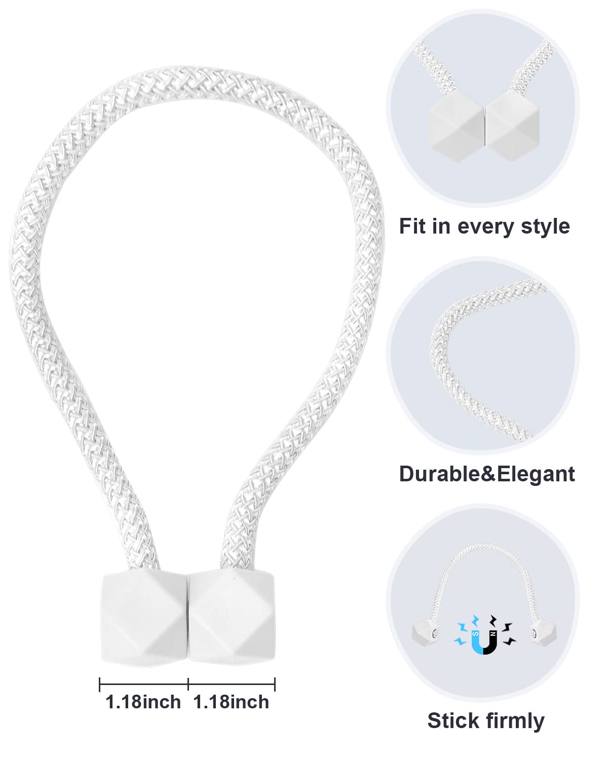 OySeyFo 8 Pack Magnetic Curtain Tiebacks, Drapery Holdbacks with Upgraded Magnet Convenient Drape Tie Backs European Style Decorative Curtain Ties for Home&Office Window Draperies(White)