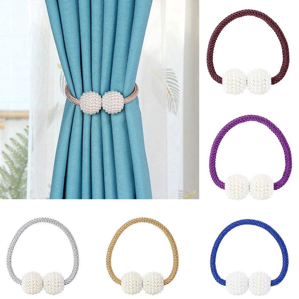 AINAAN 2 Pack Magnetic Curtain Tiebacks Convenient Drape Tie Backs Pearl Decorative Rope Holdback Holder for Small, Thin or Sheer Window Drapries, 2019, Light Blue