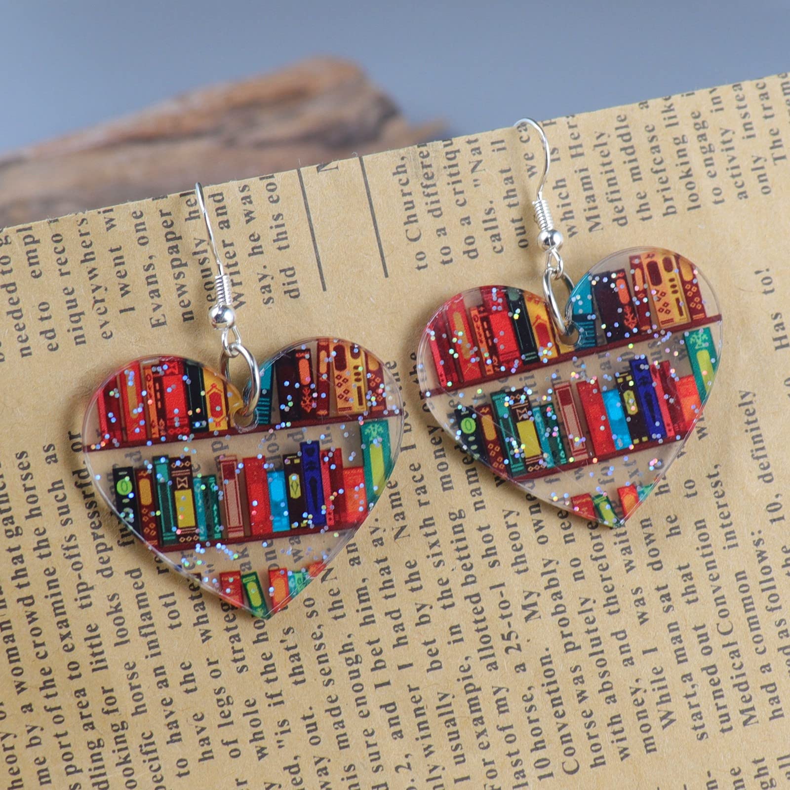 Classic Resin Stack of Books Shelves Drop Dangle Earrings Acrylic Bookcase for Women Creative Librarian Teacher Novel Graduation Jewelry-Heart
