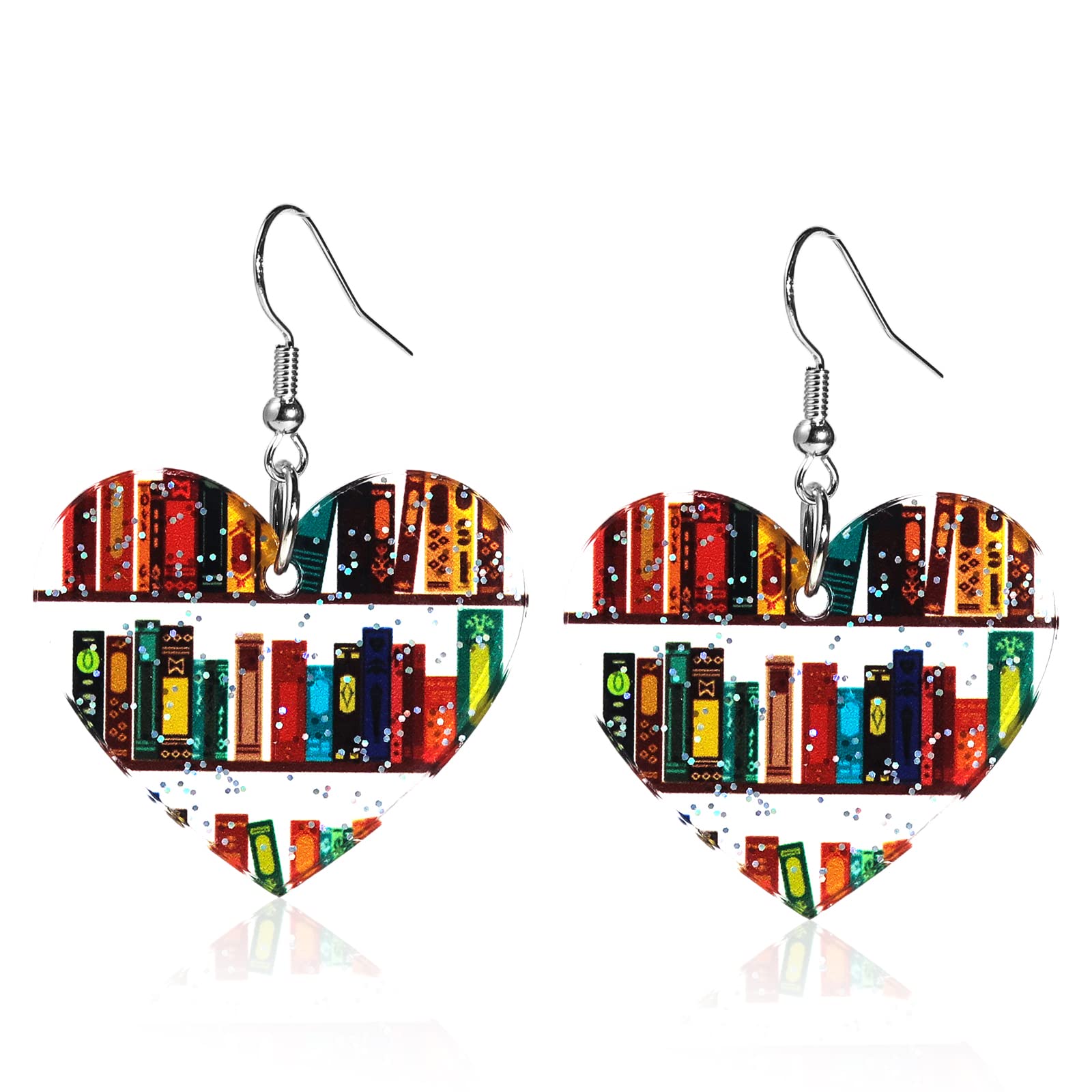 Classic Resin Stack of Books Shelves Drop Dangle Earrings Acrylic Bookcase for Women Creative Librarian Teacher Novel Graduation Jewelry-Heart