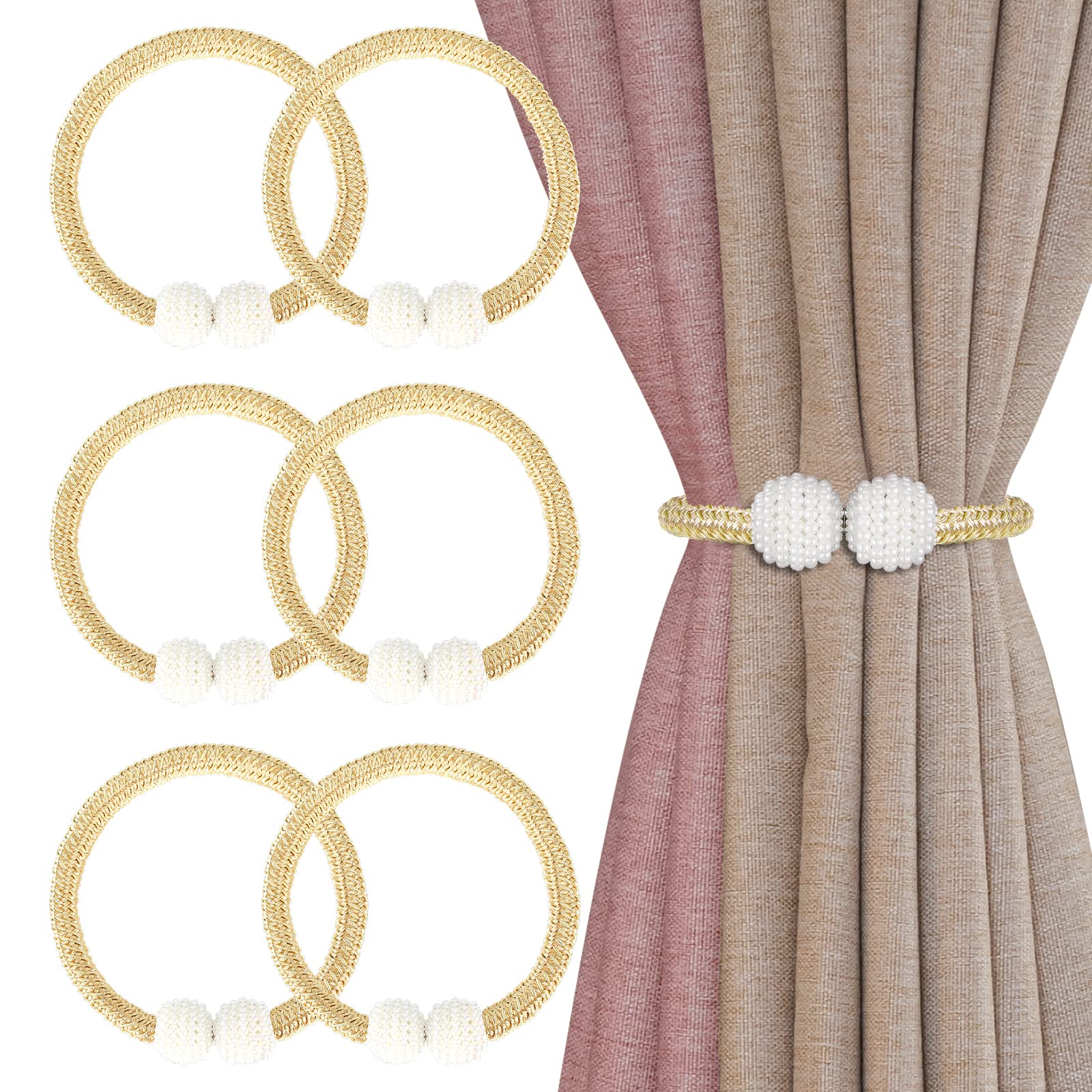 AWOLIC Magnetic Curtain Tiebacks 6 Pack,Classic European Curtain Holdbacks for Drapes,Used for Home and Office Decoration (Gold)