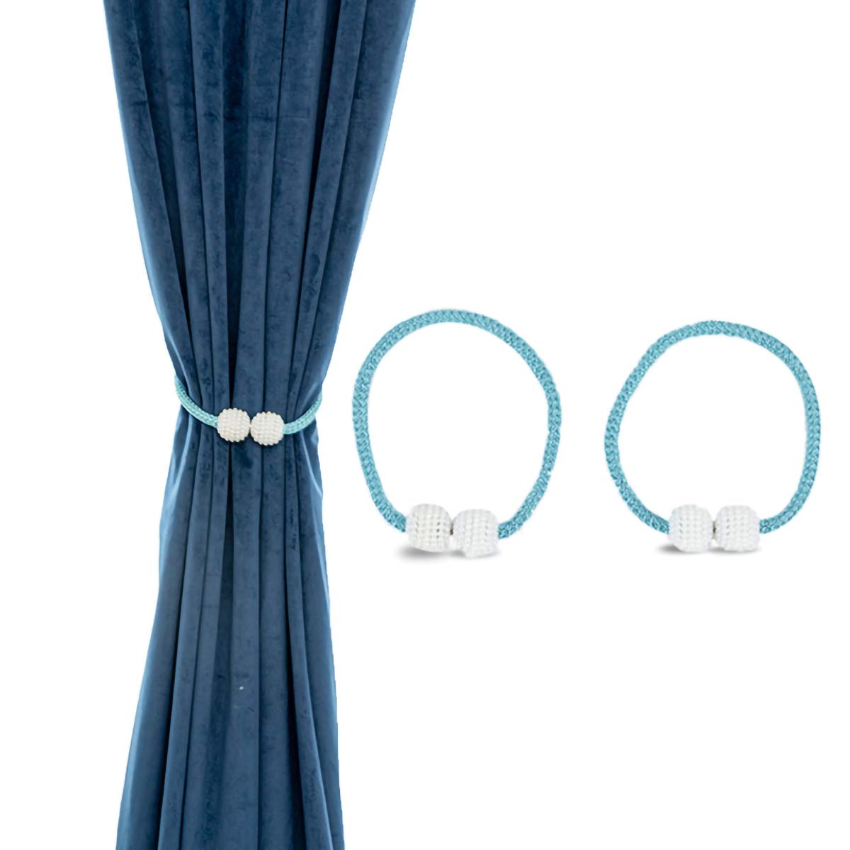 AINAAN 2 Pack Magnetic Curtain Tiebacks Convenient Drape Tie Backs Pearl Decorative Rope Holdback Holder for Small, Thin or Sheer Window Drapries, 2019, Light Blue