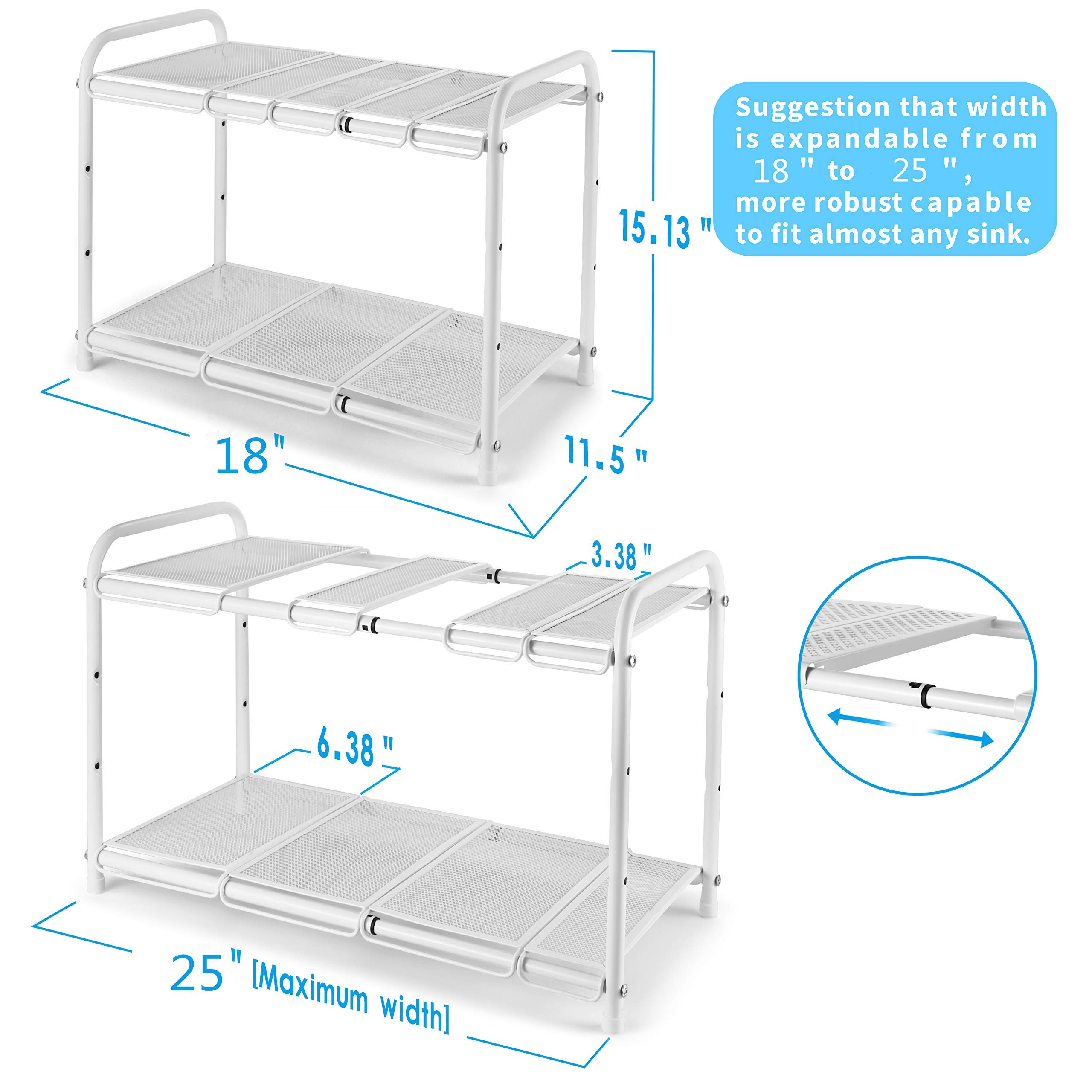 Simple Trending 2-Tier Under Sink Expandable Cabinet Shelf Organizer Rack with 8 Removable Panels for Kitchen Bathroom Storage, White
