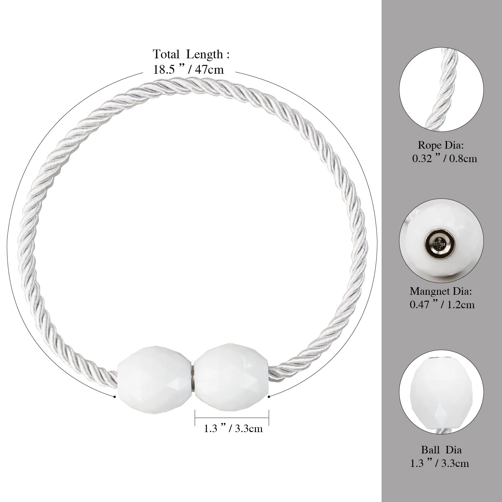 Hangtty 2 Pack Strong Magnetic Curtain Tiebacks Rope Decorative Curtain Tie Backs Magnetic Curtain Holders for Drapes Window Treatment Holdbacks, White