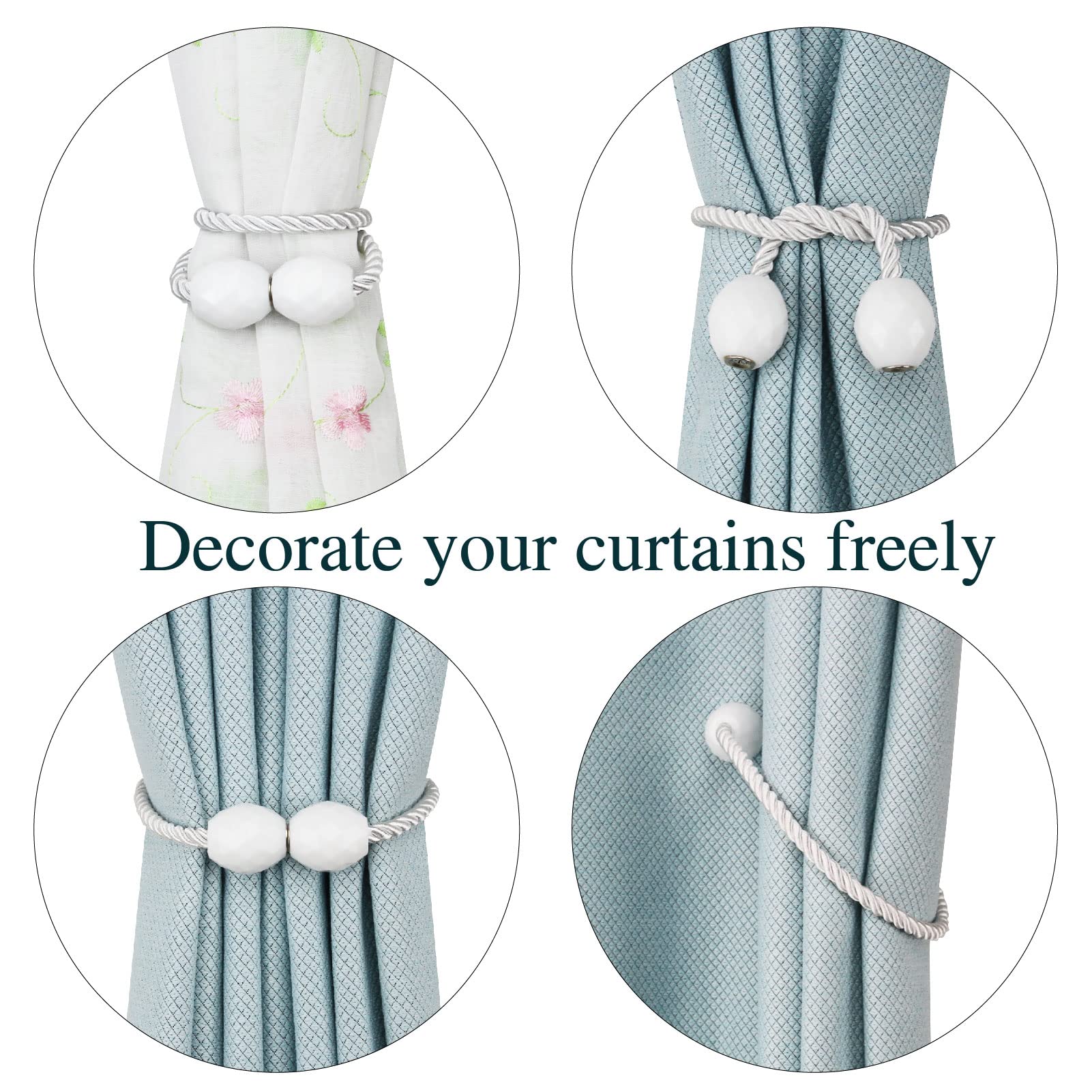 Hangtty 2 Pack Strong Magnetic Curtain Tiebacks Rope Decorative Curtain Tie Backs Magnetic Curtain Holders for Drapes Window Treatment Holdbacks, White