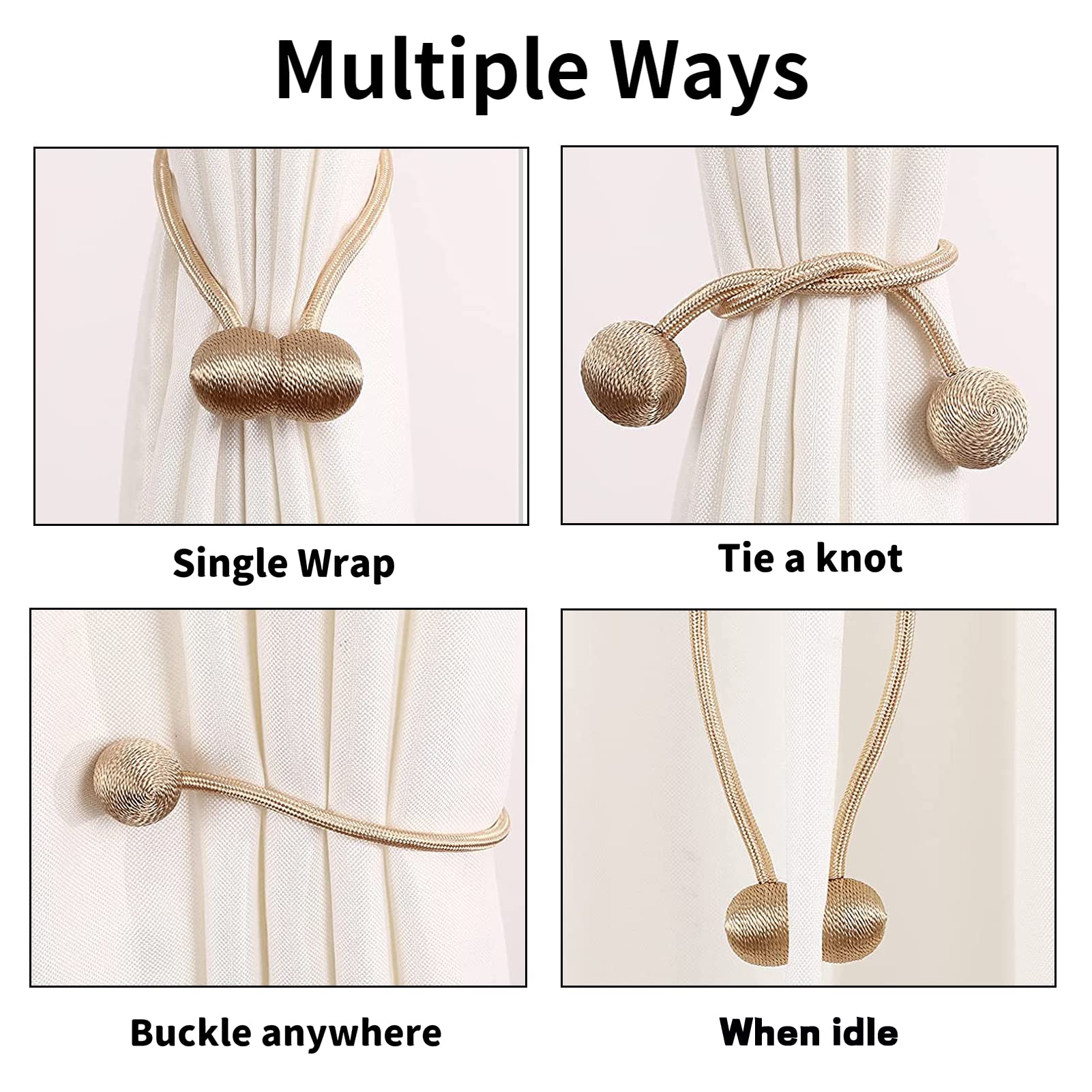 CLAURE 2 Pack Magnetic Curtain Ties, Magnetic Curtain Holder, Curtain Tie Back,Magnetic Curtain tiebacks Hand Braided Cord, Stronger Magnetic for Thin or Thick Decorative Curtains Home Bedroom Office