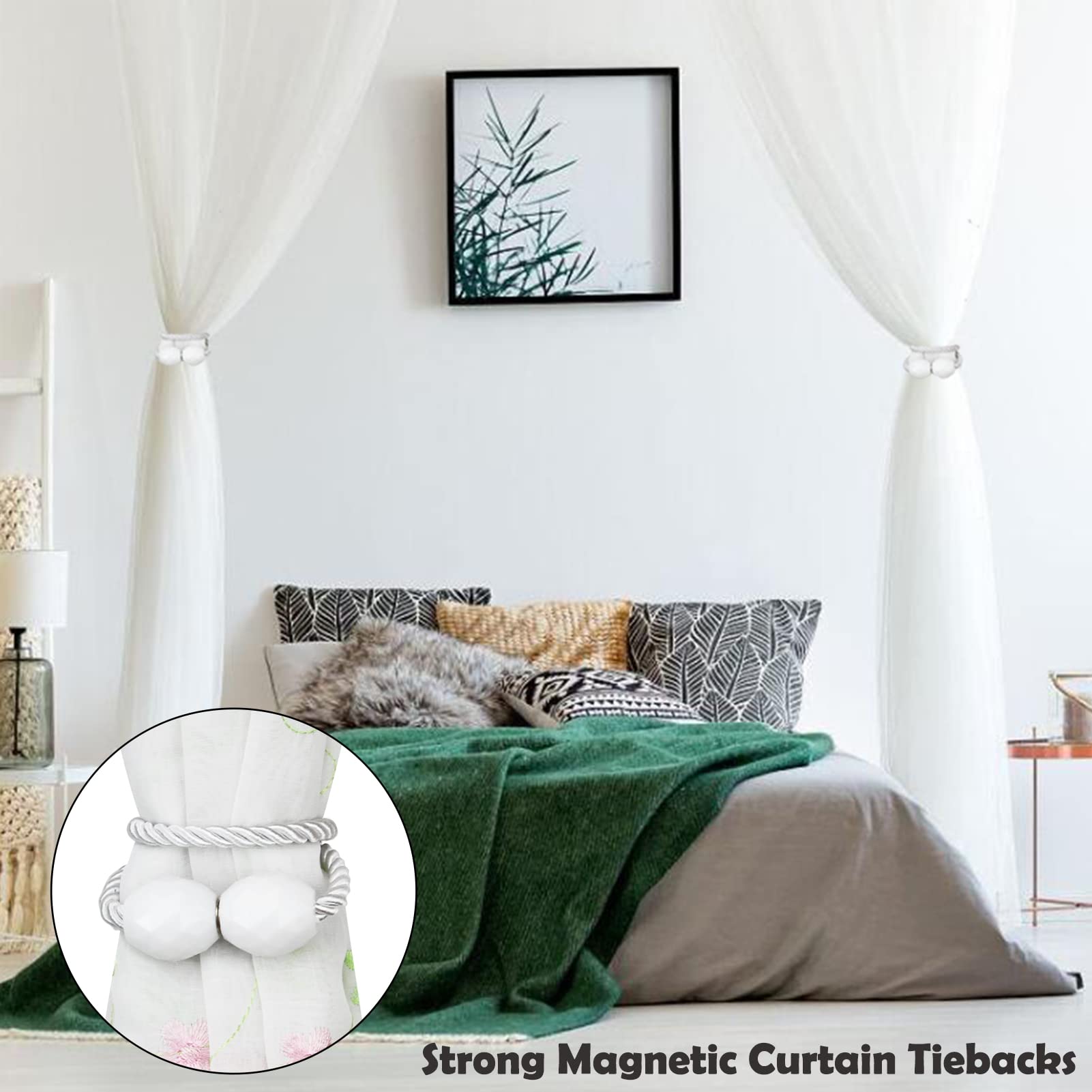 Hangtty 2 Pack Strong Magnetic Curtain Tiebacks Rope Decorative Curtain Tie Backs Magnetic Curtain Holders for Drapes Window Treatment Holdbacks, White