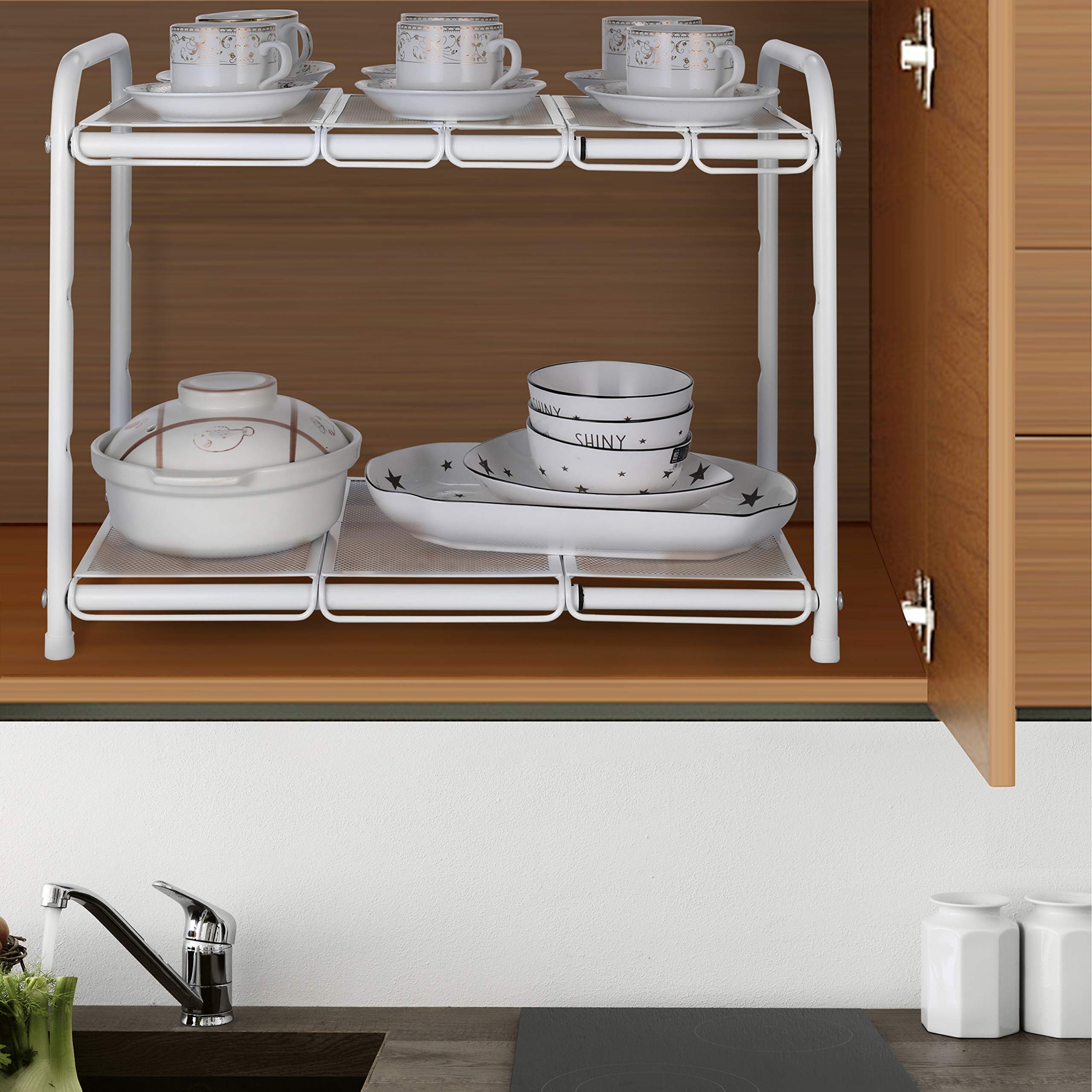Simple Trending 2-Tier Under Sink Expandable Cabinet Shelf Organizer Rack with 8 Removable Panels for Kitchen Bathroom Storage, White