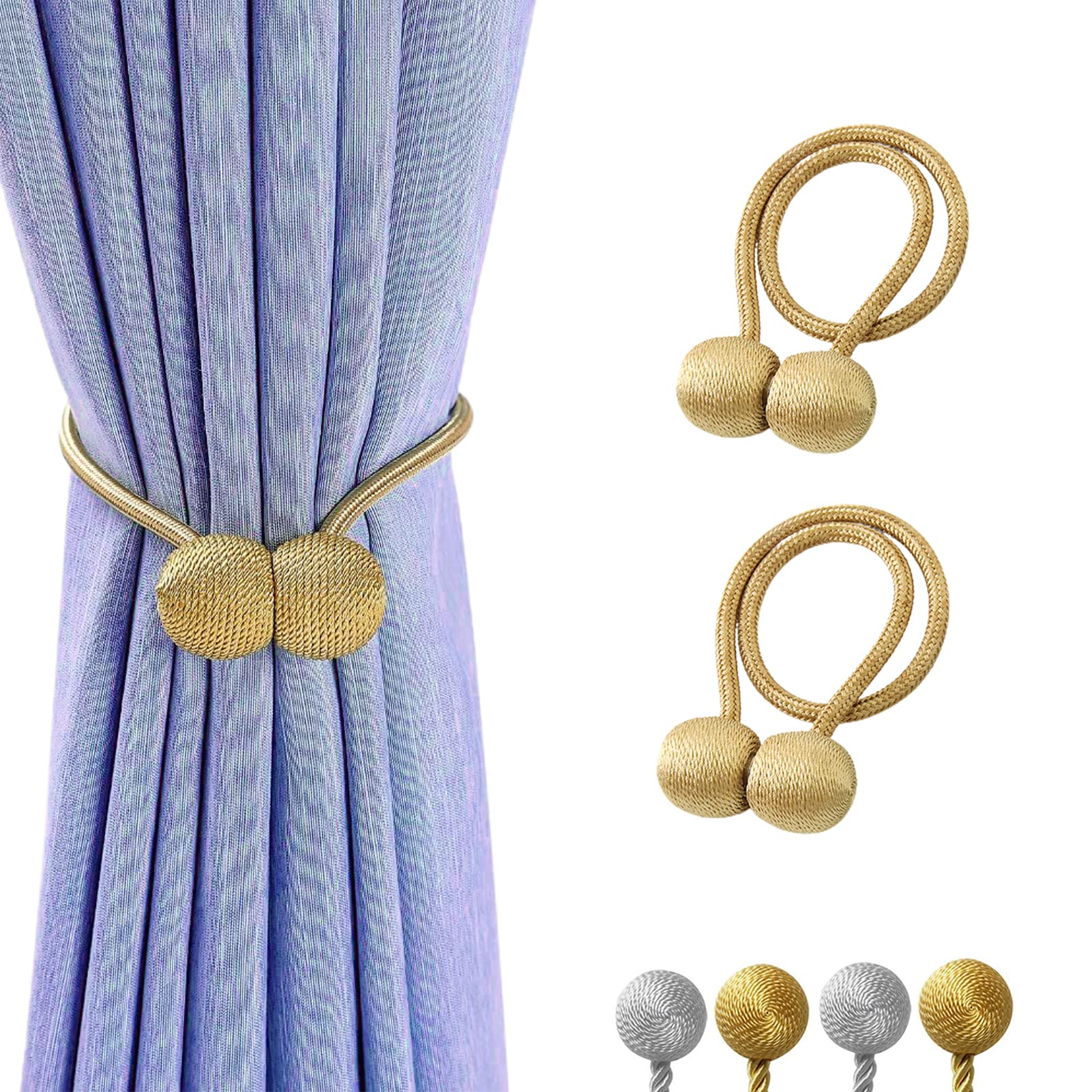 CLAURE 2 Pack Magnetic Curtain Ties, Magnetic Curtain Holder, Curtain Tie Back,Magnetic Curtain tiebacks Hand Braided Cord, Stronger Magnetic for Thin or Thick Decorative Curtains Home Bedroom Office