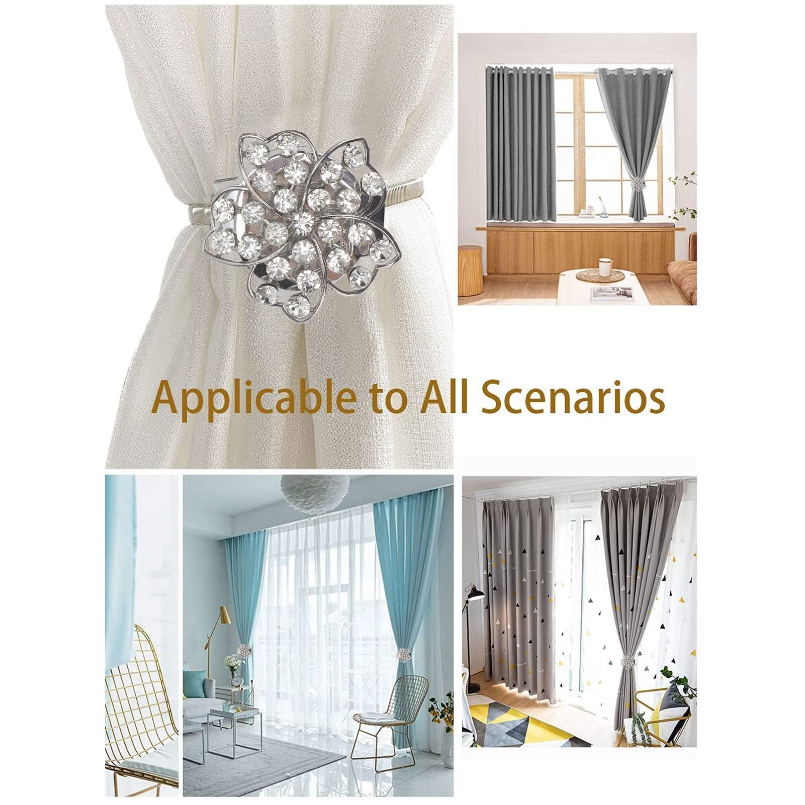 Marooma 2Pcs Magnetic Curtain Tiebacks, Sparkling Crystal Flower Curtain Buckle Clips, Convenient Drape Tie Backs Decorative Curtain Holdbacks Holder Curtain Tiebacks for Home.