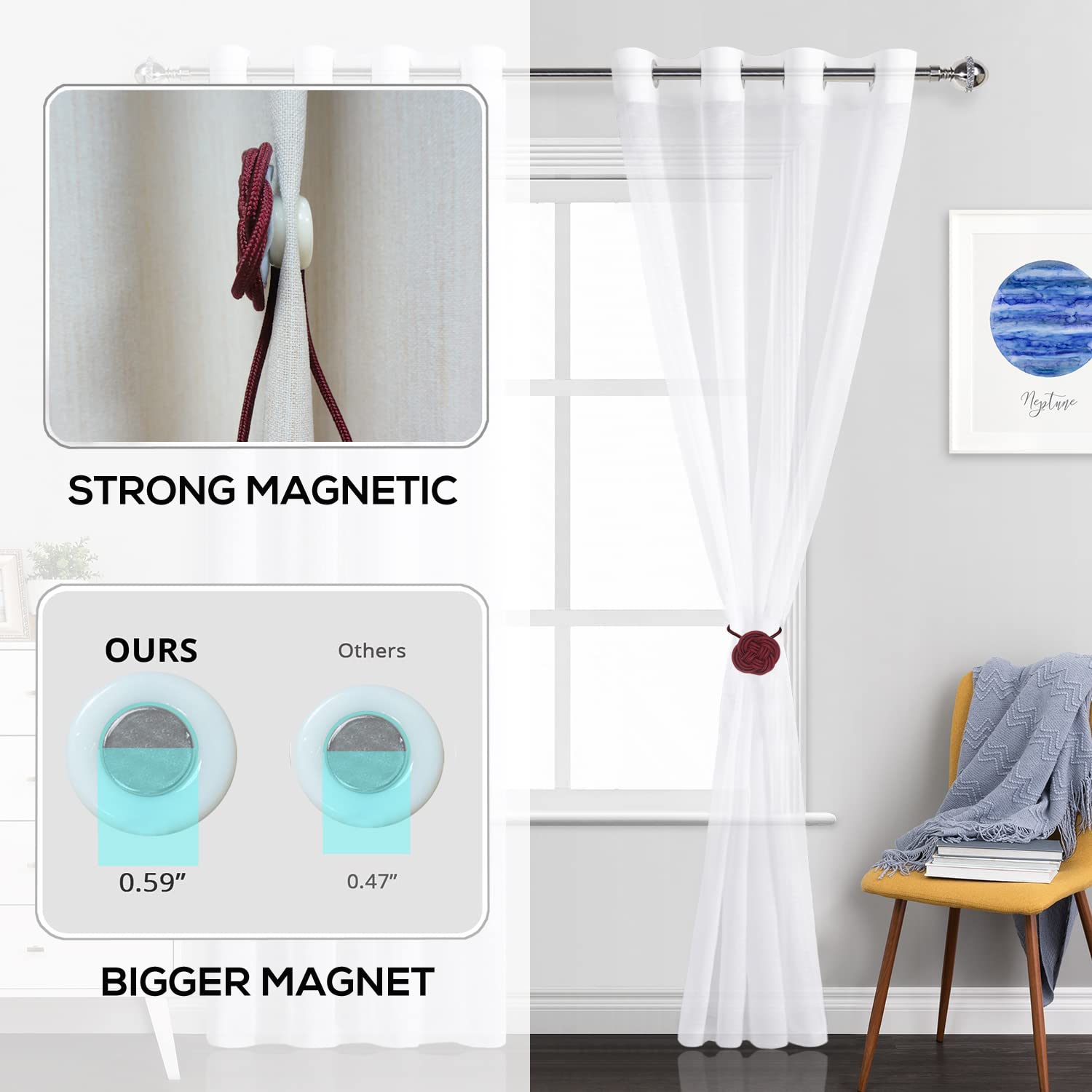 HIASTRA Strong Magnetic Curtain Tiebacks, 4 Pack Curtain Tie Modern Window Decorative Tie Backs for Curtains Rope Outdoor Holder for Sheer Blackout Drapes, Burgundy