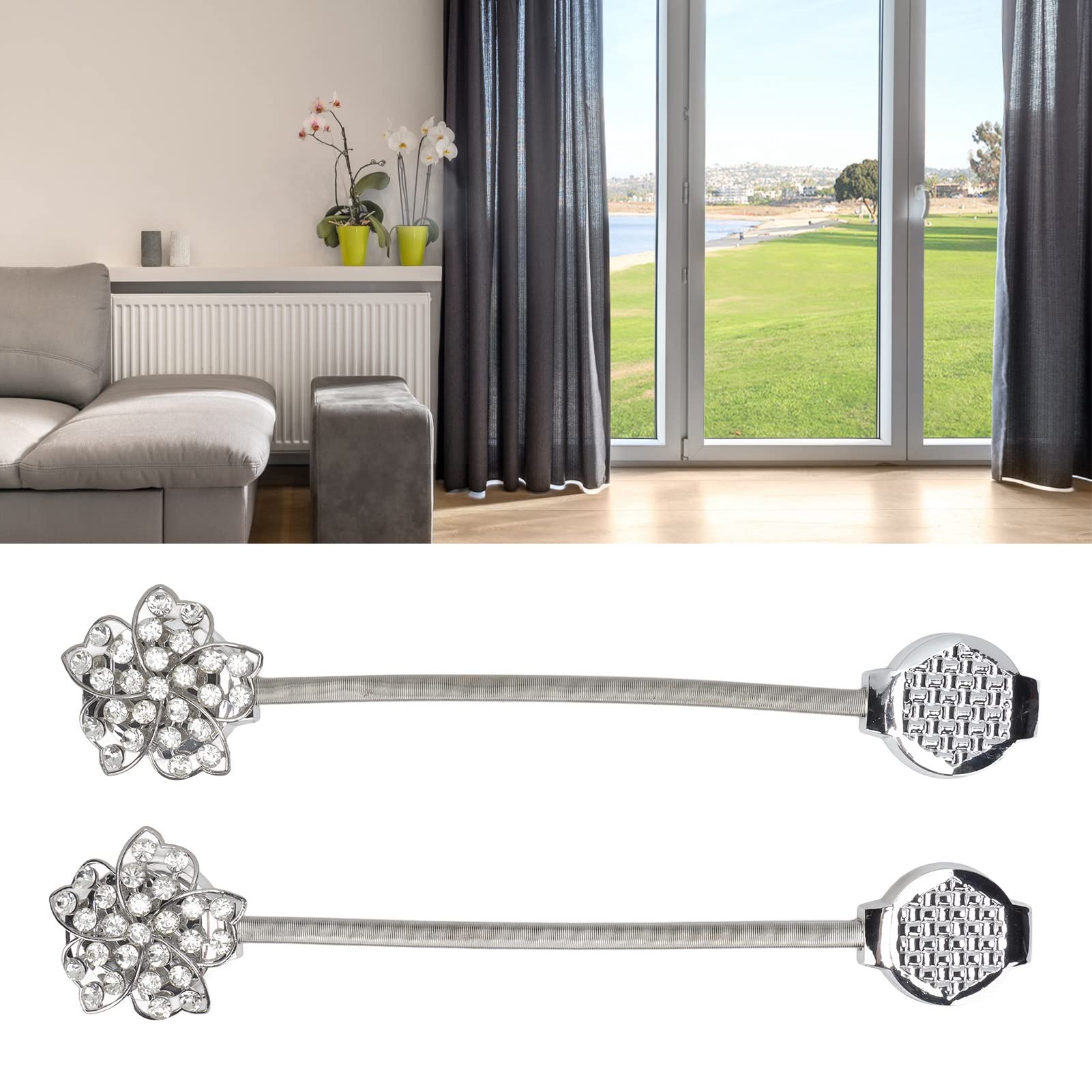 Marooma 2Pcs Magnetic Curtain Tiebacks, Sparkling Crystal Flower Curtain Buckle Clips, Convenient Drape Tie Backs Decorative Curtain Holdbacks Holder Curtain Tiebacks for Home.