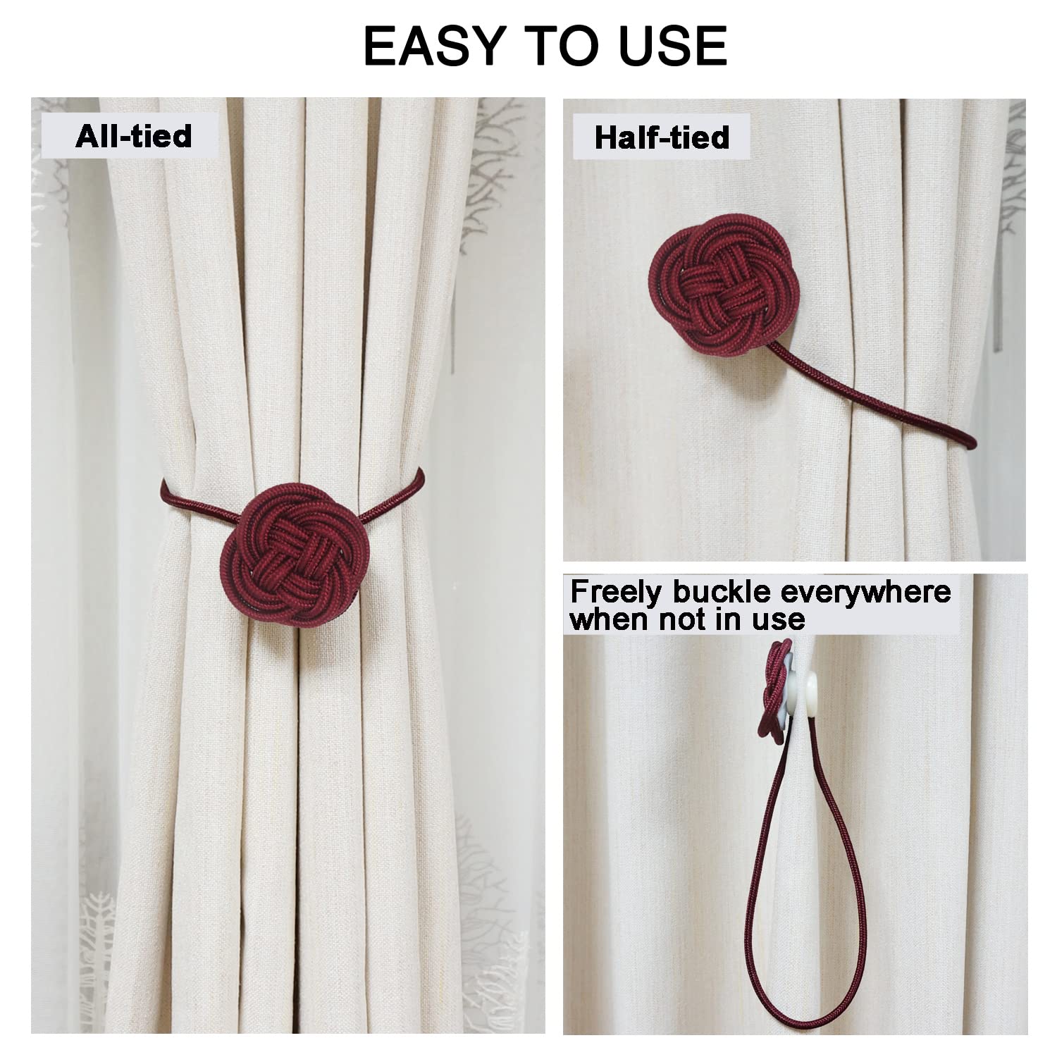 HIASTRA Strong Magnetic Curtain Tiebacks, 4 Pack Curtain Tie Modern Window Decorative Tie Backs for Curtains Rope Outdoor Holder for Sheer Blackout Drapes, Burgundy