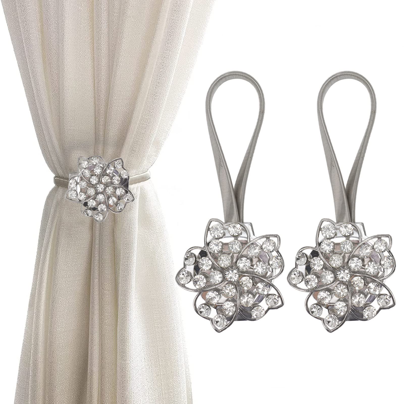 Marooma 2Pcs Magnetic Curtain Tiebacks, Sparkling Crystal Flower Curtain Buckle Clips, Convenient Drape Tie Backs Decorative Curtain Holdbacks Holder Curtain Tiebacks for Home.