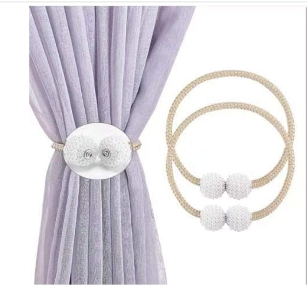 4 Pack Magnetic Curtain Tiebacks Pearl Ball Home Window Curtain tiebacks The Most Convenien Tie Backs, Weave Clips Rope Straps Holder for Big,Wide or Thick Drapries (Beige)