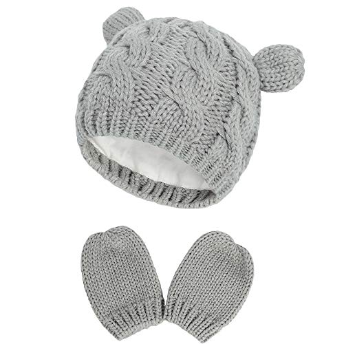Newborn Winter Beanie Hat Gloves Set for Baby Girls Boys, Infant Toddler Warm Knitted Hat Gloves, Unisex-Baby Beanies (0-6 Months Gray