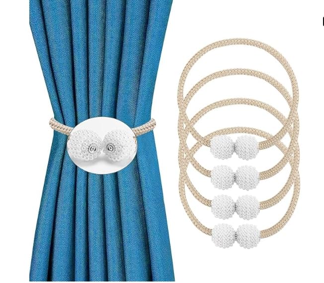 4 Pack Magnetic Curtain Tiebacks Pearl Ball Home Window Curtain tiebacks The Most Convenien Tie Backs, Weave Clips Rope Straps Holder for Big,Wide or Thick Drapries (Beige)