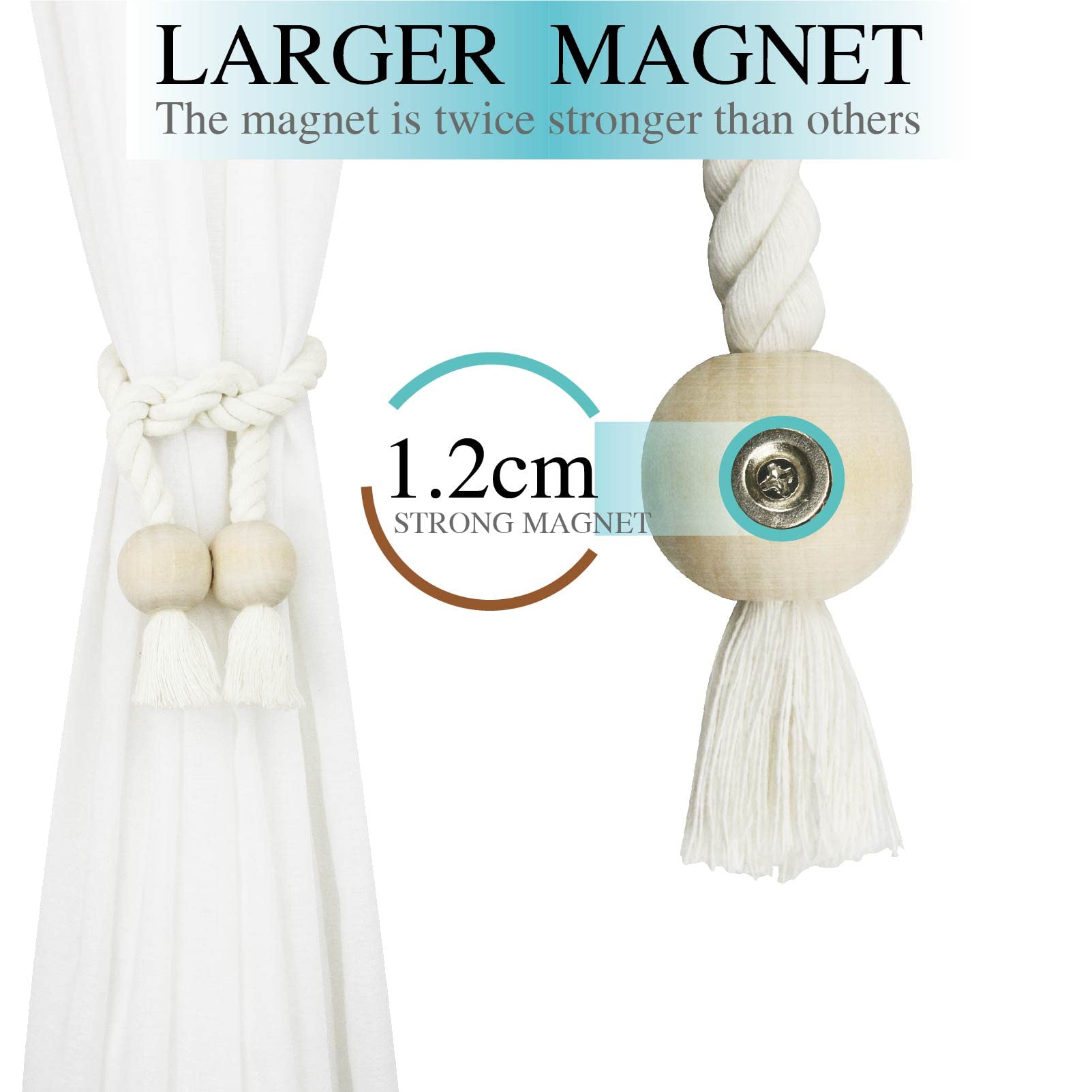 Nieffeiy 2 Pack Magnetic Curtain Tiebacks Cotton Hand Woven Tie Back Decorative Rope Holdbacks for Curtains Draperies No Tools Required, Cream