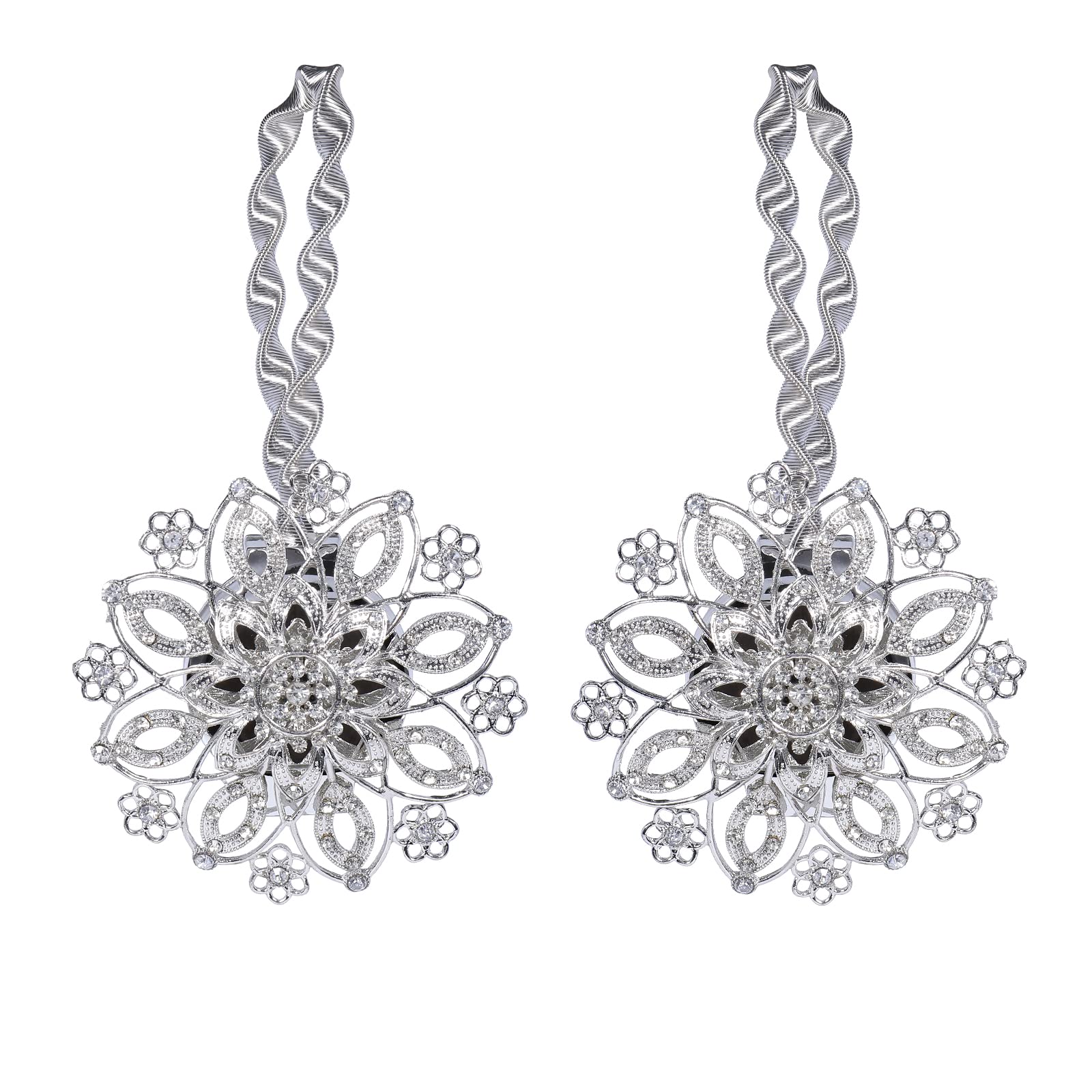 SUQ I OME Luxury Big Crystal Magnetic Curtain Tieback Flower Curtain Clips Buckle with Stretchy Wire Rope for Home Office Decoration(Silver D,2PCS)