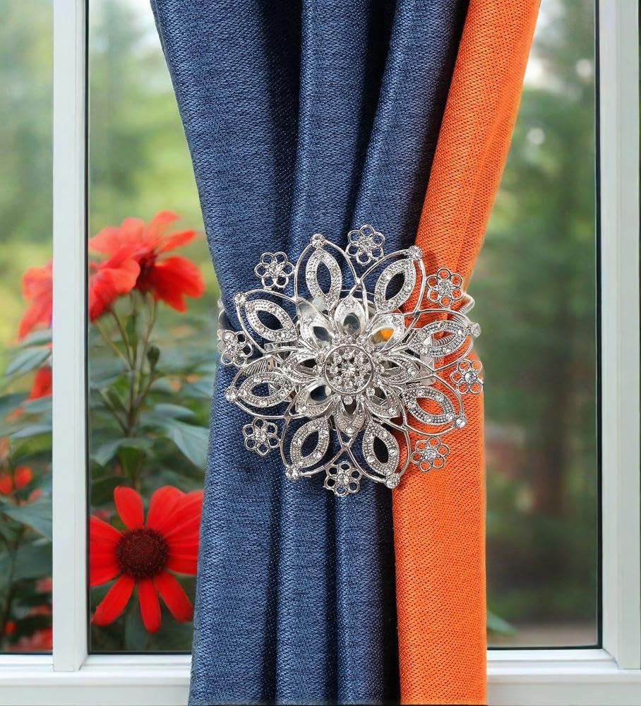 SUQ I OME Luxury Big Crystal Magnetic Curtain Tieback Flower Curtain Clips Buckle with Stretchy Wire Rope for Home Office Decoration(Silver D,2PCS)