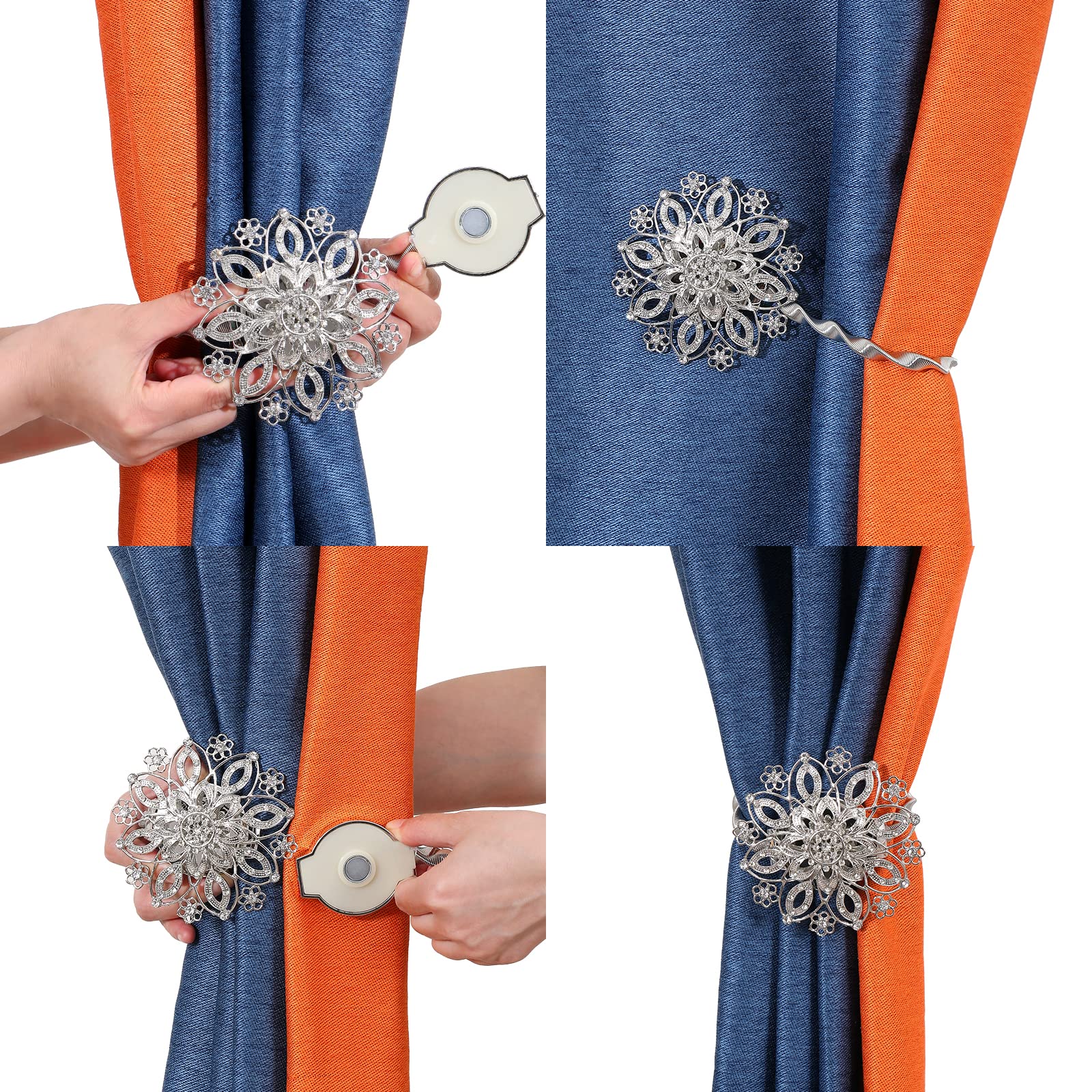 SUQ I OME Luxury Big Crystal Magnetic Curtain Tieback Flower Curtain Clips Buckle with Stretchy Wire Rope for Home Office Decoration(Silver D,2PCS)