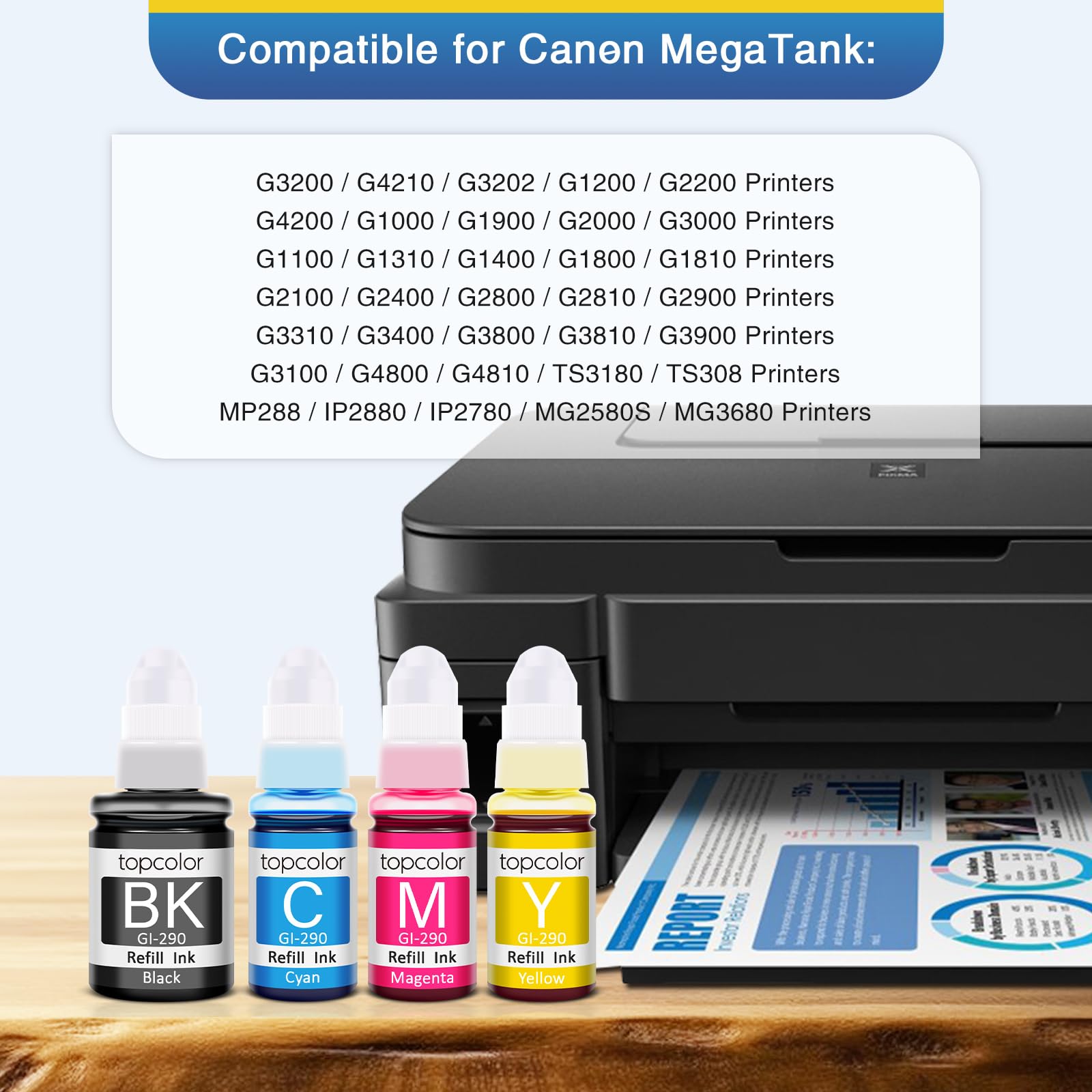 Topcolor Compatible Dye Ink Refill Replacement for Canon GI-290 GI290 Ink Bottles Kit Work for Canon PIXMA G4200 G4210 G3200 G2200 G1200 Printer (1 Black Ink 135mL, C/M/Y Ink 70mL, 4-Pack)
