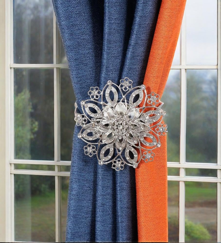 SUQ I OME Luxury Big Crystal Magnetic Curtain Tieback Flower Curtain Clips Buckle with Stretchy Wire Rope for Home Office Decoration(Silver D,2PCS)