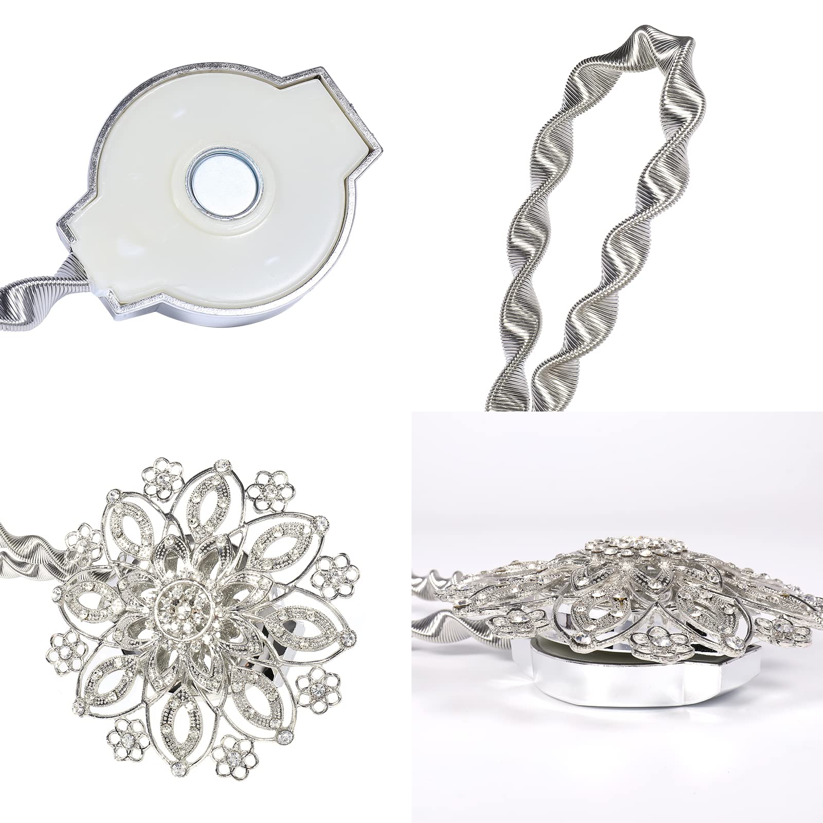 SUQ I OME Luxury Big Crystal Magnetic Curtain Tieback Flower Curtain Clips Buckle with Stretchy Wire Rope for Home Office Decoration(Silver D,2PCS)
