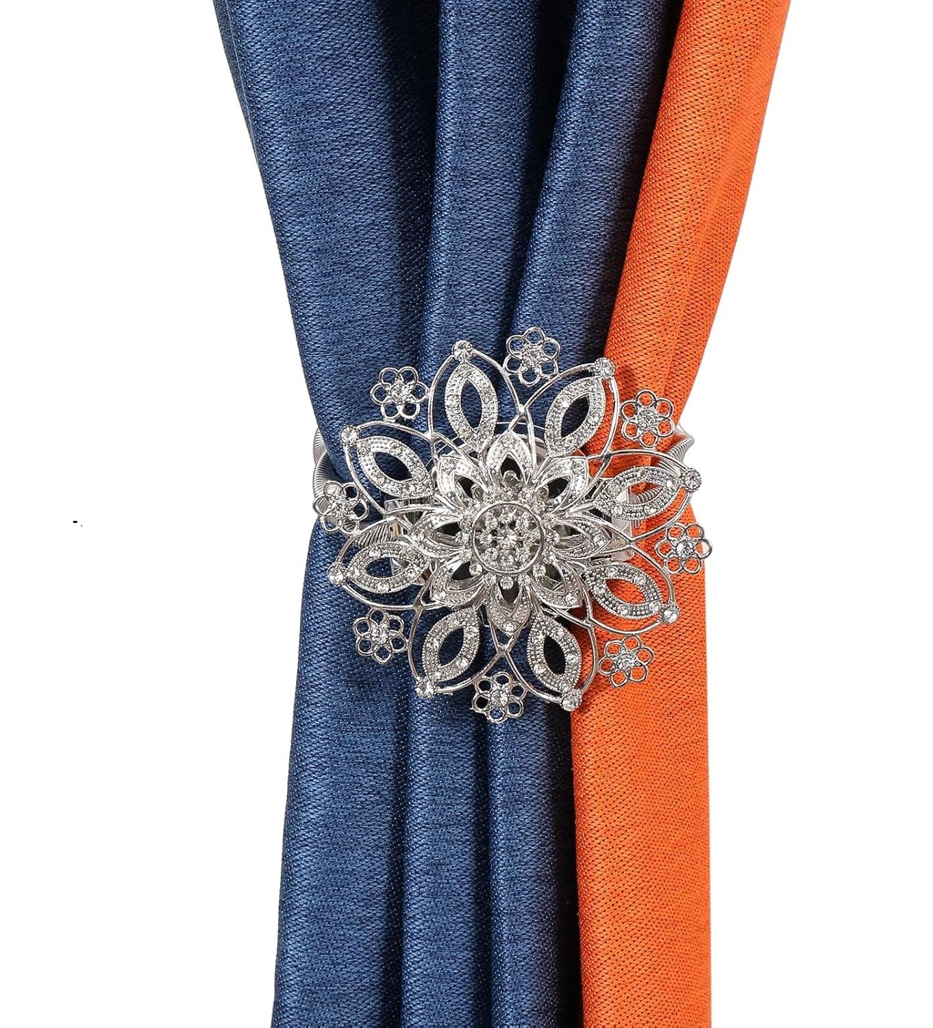 SUQ I OME Luxury Big Crystal Magnetic Curtain Tieback Flower Curtain Clips Buckle with Stretchy Wire Rope for Home Office Decoration(Silver D,2PCS)