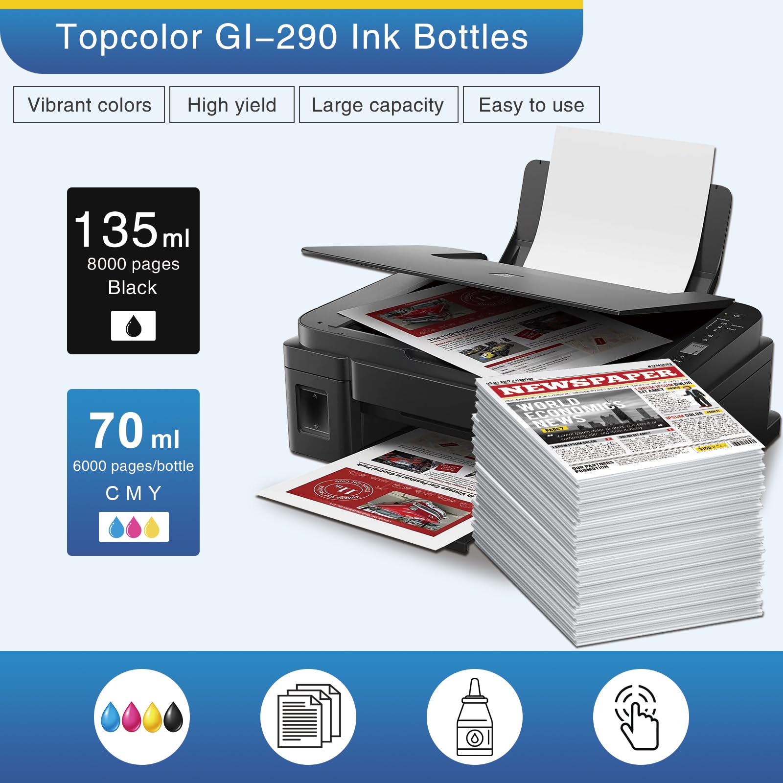 Topcolor Compatible Dye Ink Refill Replacement for Canon GI-290 GI290 Ink Bottles Kit Work for Canon PIXMA G4200 G4210 G3200 G2200 G1200 Printer (1 Black Ink 135mL, C/M/Y Ink 70mL, 4-Pack)
