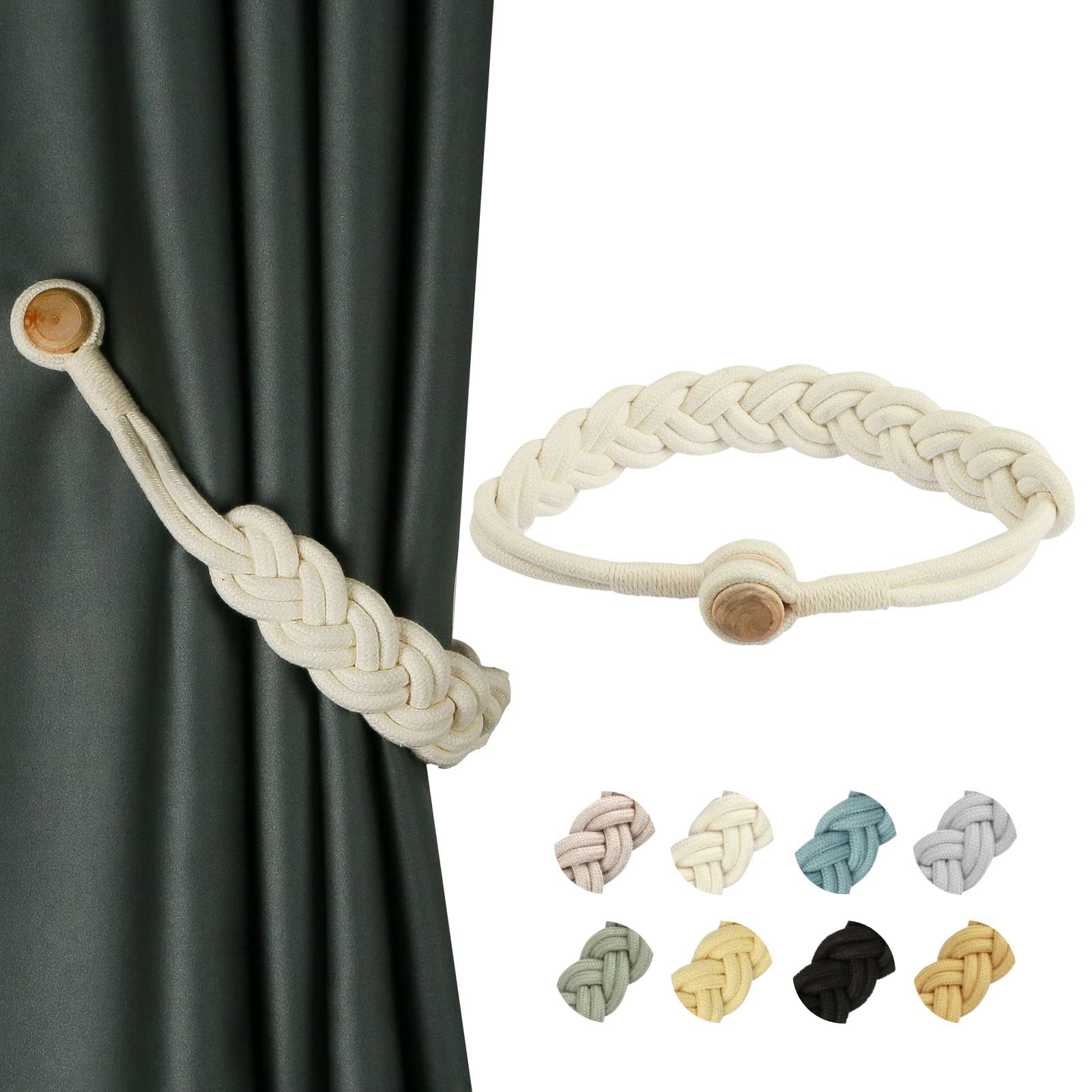 BEL AVENIR Curtain Tiebacks Magnetic Woven Curtain Holdback Drapery Tie-Back (Ivory Braid-1 Pack)