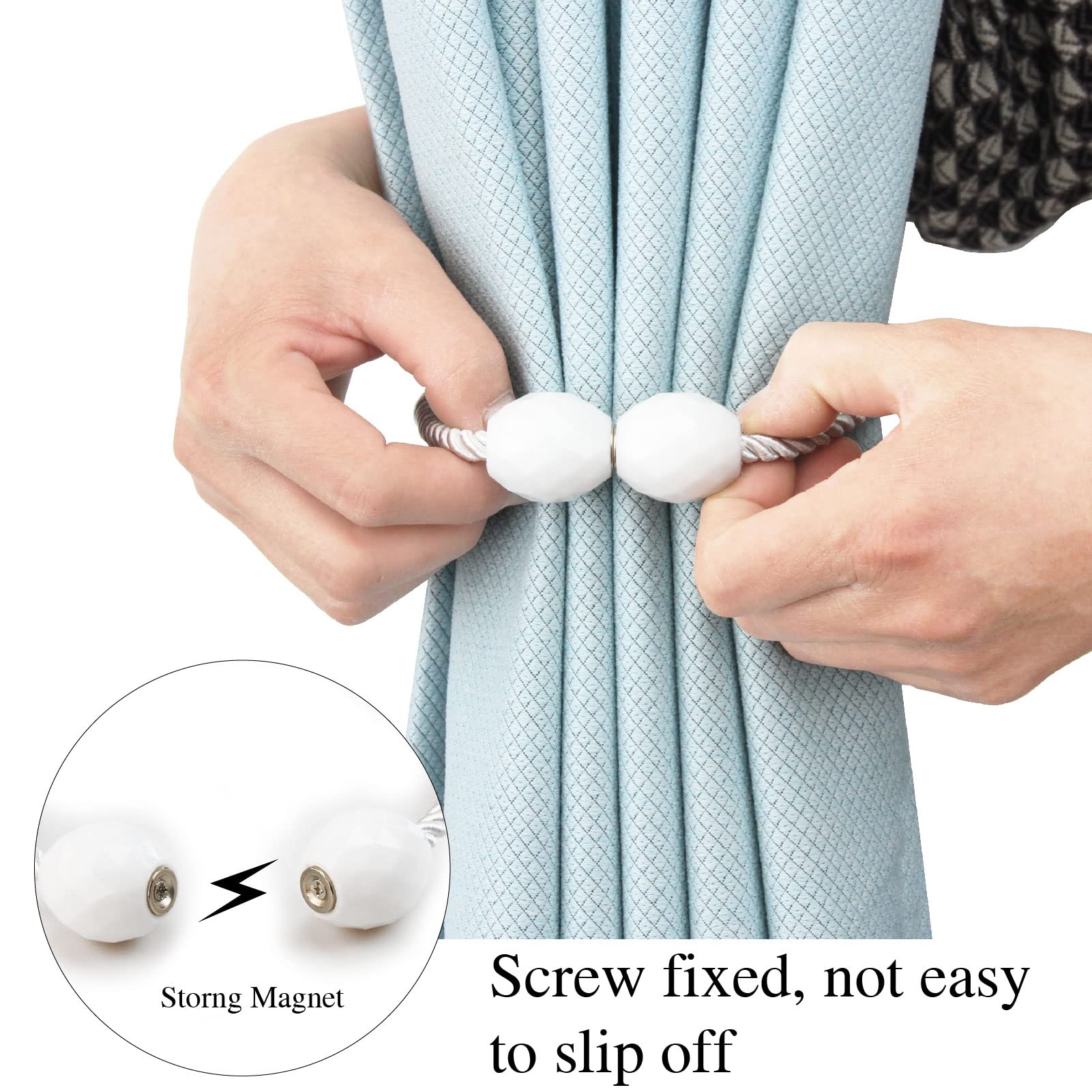 Hangtty 6 Pack Strong Magnetic Curtain Tiebacks Rope Decorative Curtain Tie Backs Magnetic Curtain Holders for Drapes Window Treatment Holdbacks, White