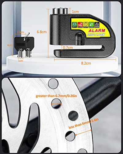 Onvian Motorcycle Lock with Alarm, Waterproof Motorcycle Locks Anti Theft for Motorcycle Bicycle Bike Scooter E-Bikes Wheel 6.7mm Disc Brake Rotor Lock 5FT Reminder Cable (Black)