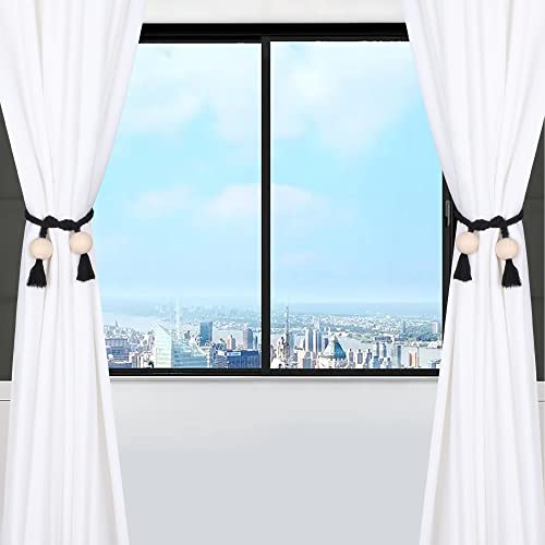 OCIOLI 2 Pack Strong Magnetic Curtain Tiebacks Black Curtain Holdbacks Outdoor Curtain Tiebacks Cotton Hand Woven Tie Backs Curtain Drapery Holdbacks Curtain Ties for Drapes (Black - Ball, 2)