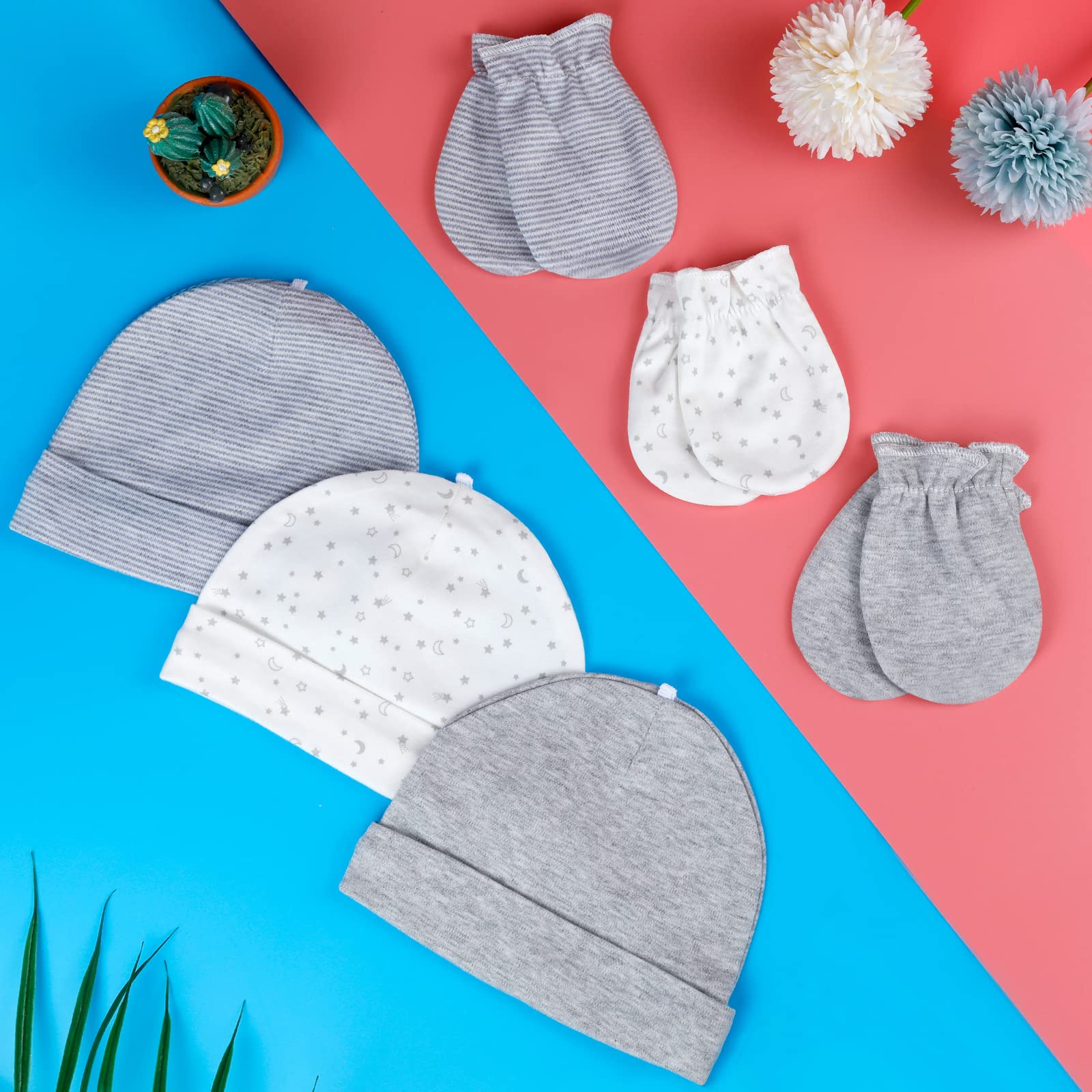 ONESING Baby Hats and Mittens Set Unisex Caps Beanie Mittens 0-6 Months Infant Hats Newborn Hats for Boys Girls, Grey, White