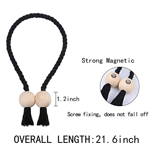 OCIOLI 2 Pack Strong Magnetic Curtain Tiebacks Black Curtain Holdbacks Outdoor Curtain Tiebacks Cotton Hand Woven Tie Backs Curtain Drapery Holdbacks Curtain Ties for Drapes (Black - Ball, 2)