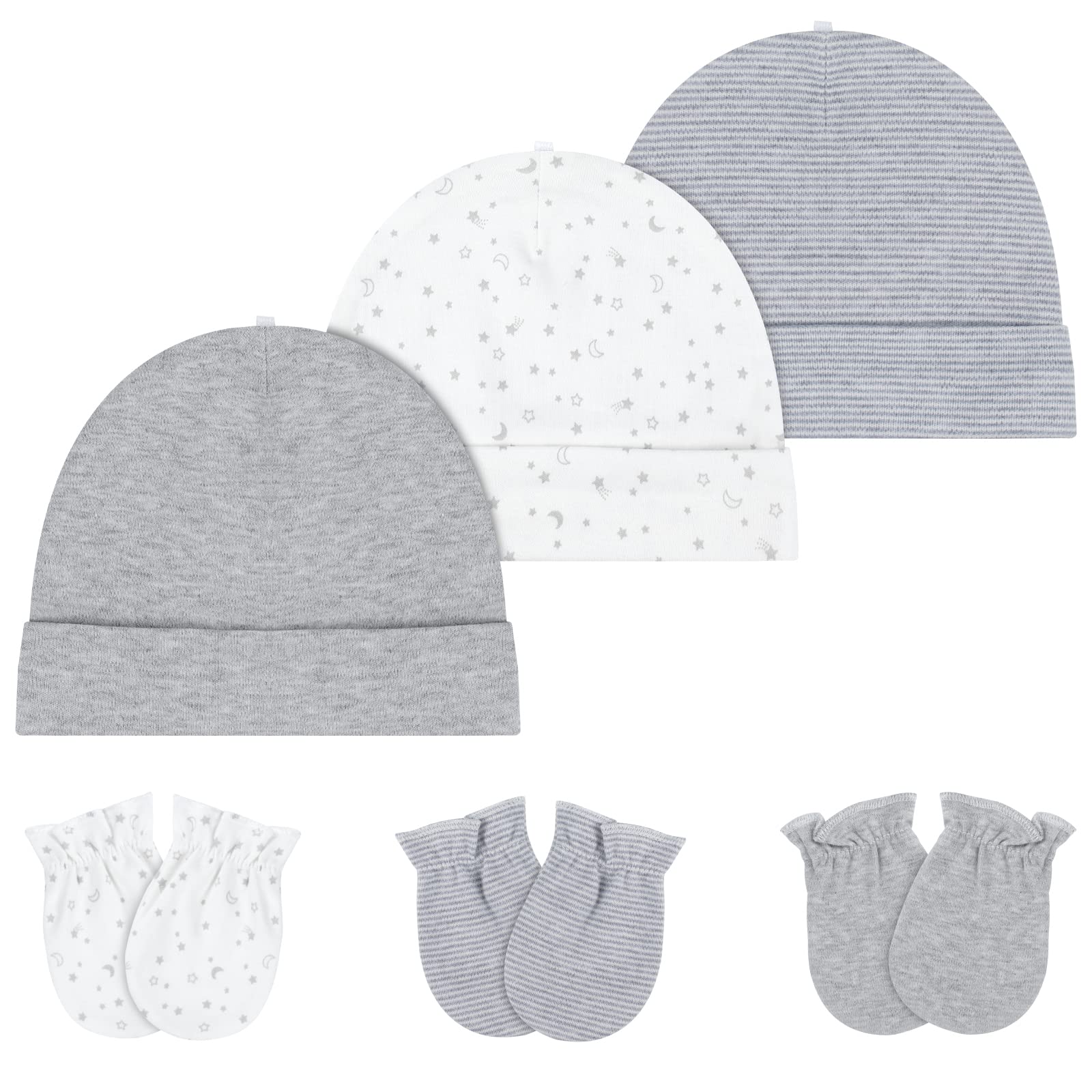 ONESING Baby Hats and Mittens Set Unisex Caps Beanie Mittens 0-6 Months Infant Hats Newborn Hats for Boys Girls, Grey, White