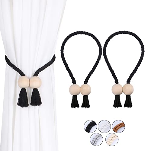 OCIOLI 2 Pack Strong Magnetic Curtain Tiebacks Black Curtain Holdbacks Outdoor Curtain Tiebacks Cotton Hand Woven Tie Backs Curtain Drapery Holdbacks Curtain Ties for Drapes (Black - Ball, 2)