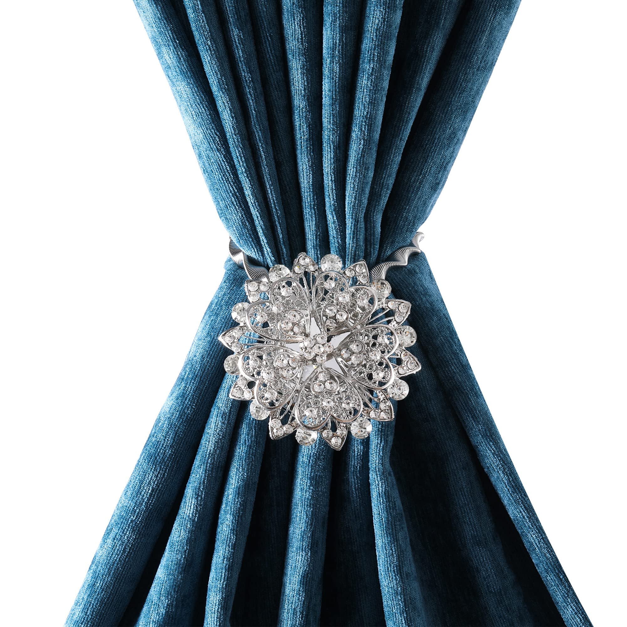 FURIJING Magnetic Crystal Curtain Tie Backs,Curtain Bling Tiebacks,Crystal Curtain Holdbacks,Tie Back Curtains Magnetic Drapery Tiebacks,Sparkling Flower Curtain Buckle Holder-FWF001Silver-2 Pack