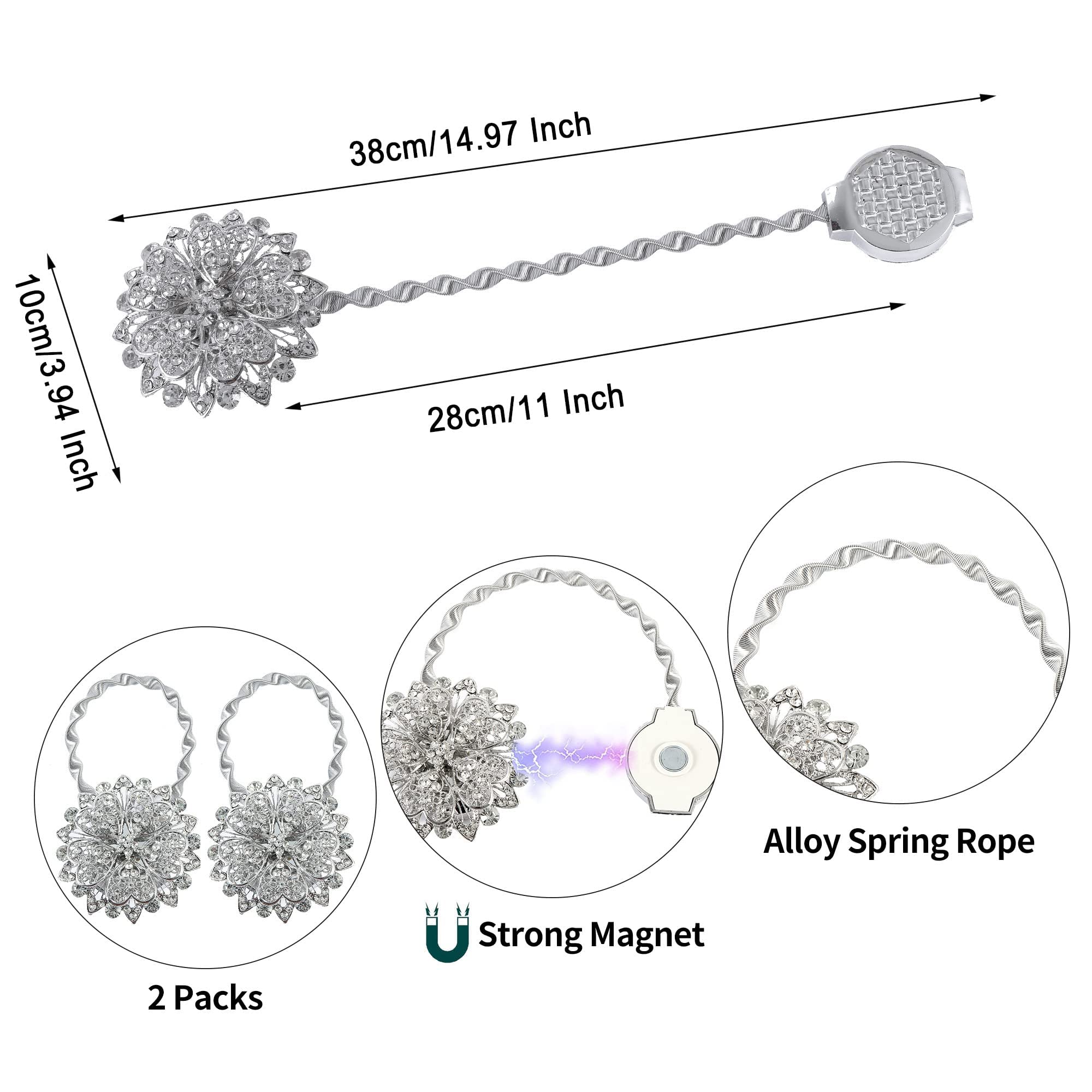 FURIJING Magnetic Crystal Curtain Tie Backs,Curtain Bling Tiebacks,Crystal Curtain Holdbacks,Tie Back Curtains Magnetic Drapery Tiebacks,Sparkling Flower Curtain Buckle Holder-FWF001Silver-2 Pack