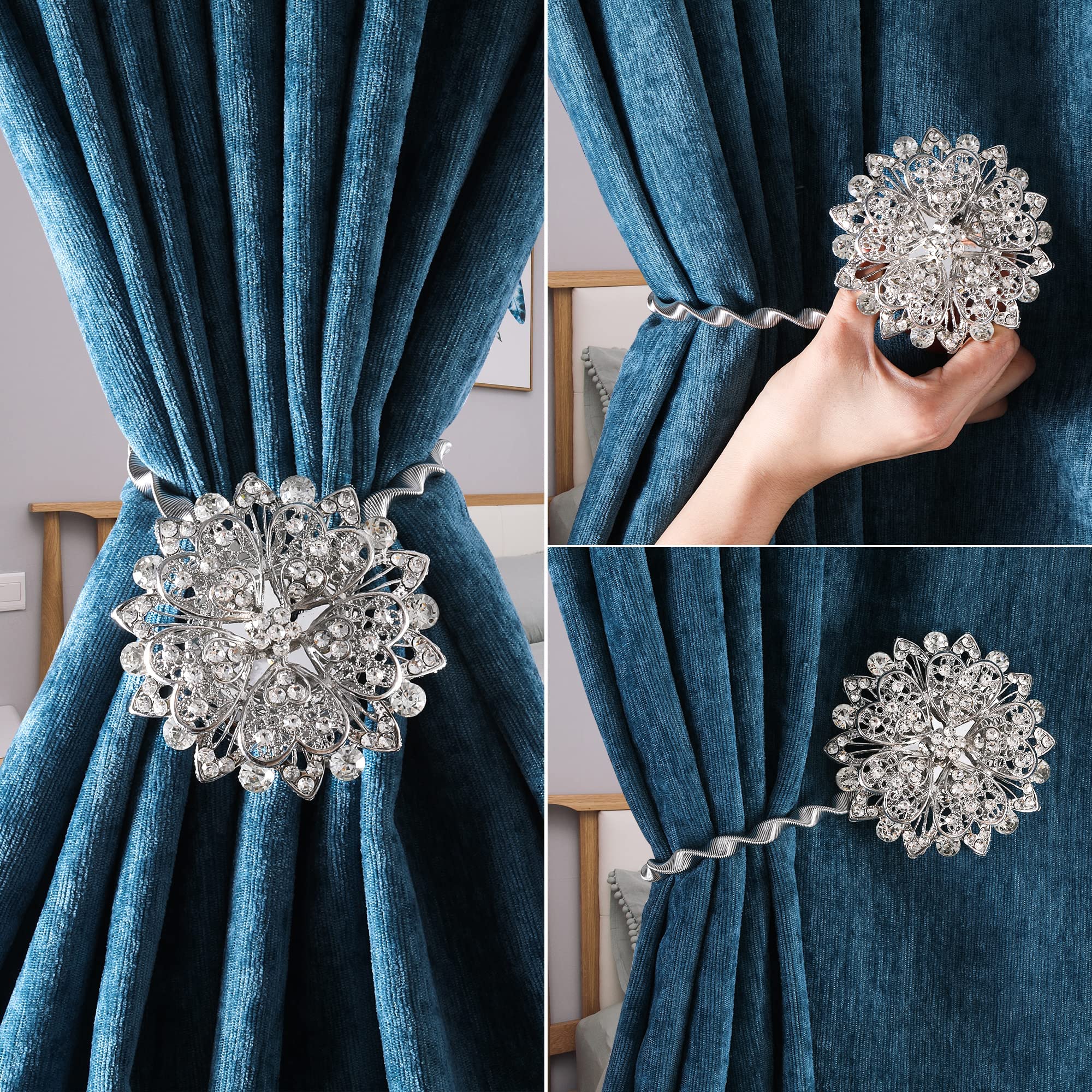 FURIJING Magnetic Crystal Curtain Tie Backs,Curtain Bling Tiebacks,Crystal Curtain Holdbacks,Tie Back Curtains Magnetic Drapery Tiebacks,Sparkling Flower Curtain Buckle Holder-FWF001Silver-2 Pack
