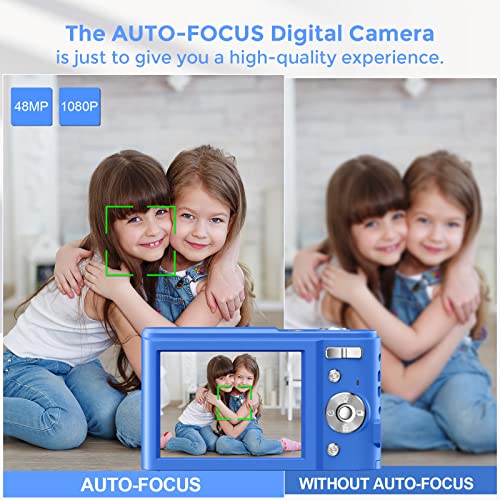 Digital Camera, RUAHETIL Autofocus FHD 1080P 48MP Kids Vlogging Camera with 32GB Memory Card, 2 Charging Modes 16X Zoom Compact Camera Point and Shoot Camera for Kids Teens (Blue)